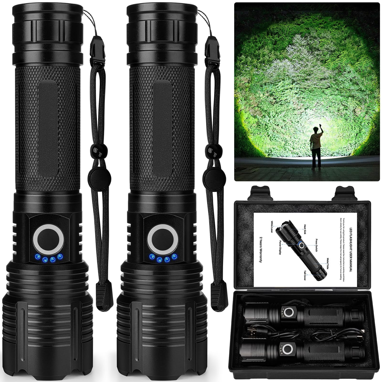 2 Pack Flashlight Rechargeable 99,000 High Lumen, Super Bright ...