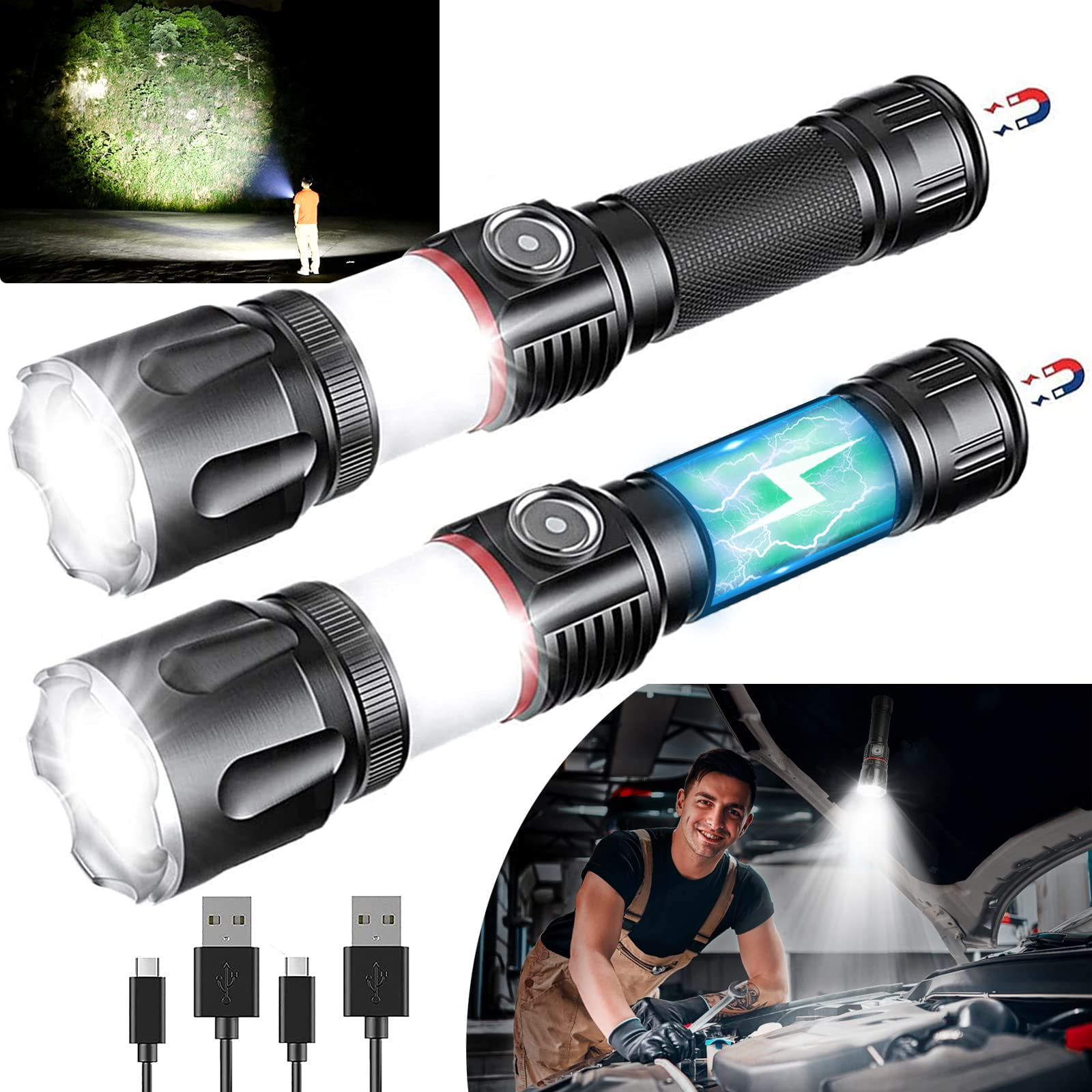 2 Pack Flashlights High Lumens, Portable Rechargeable Tactical ...