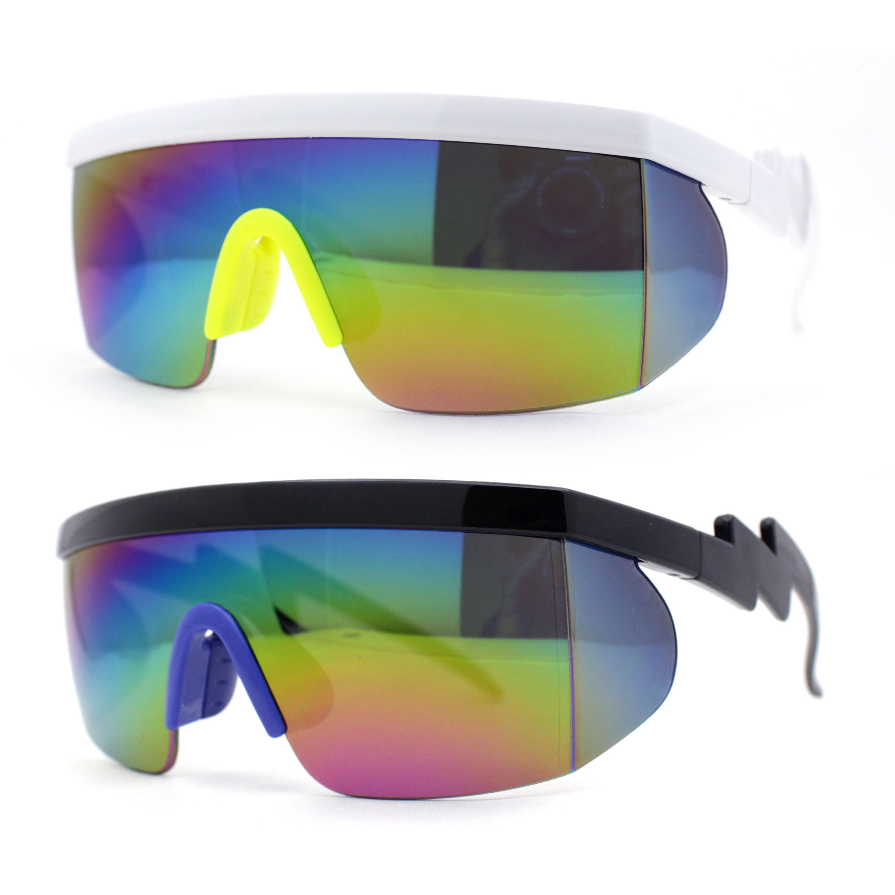 (2-Pack) Flat Top Crooked Bolt Arm Goggle Style Color Mirror Shield 80s ...