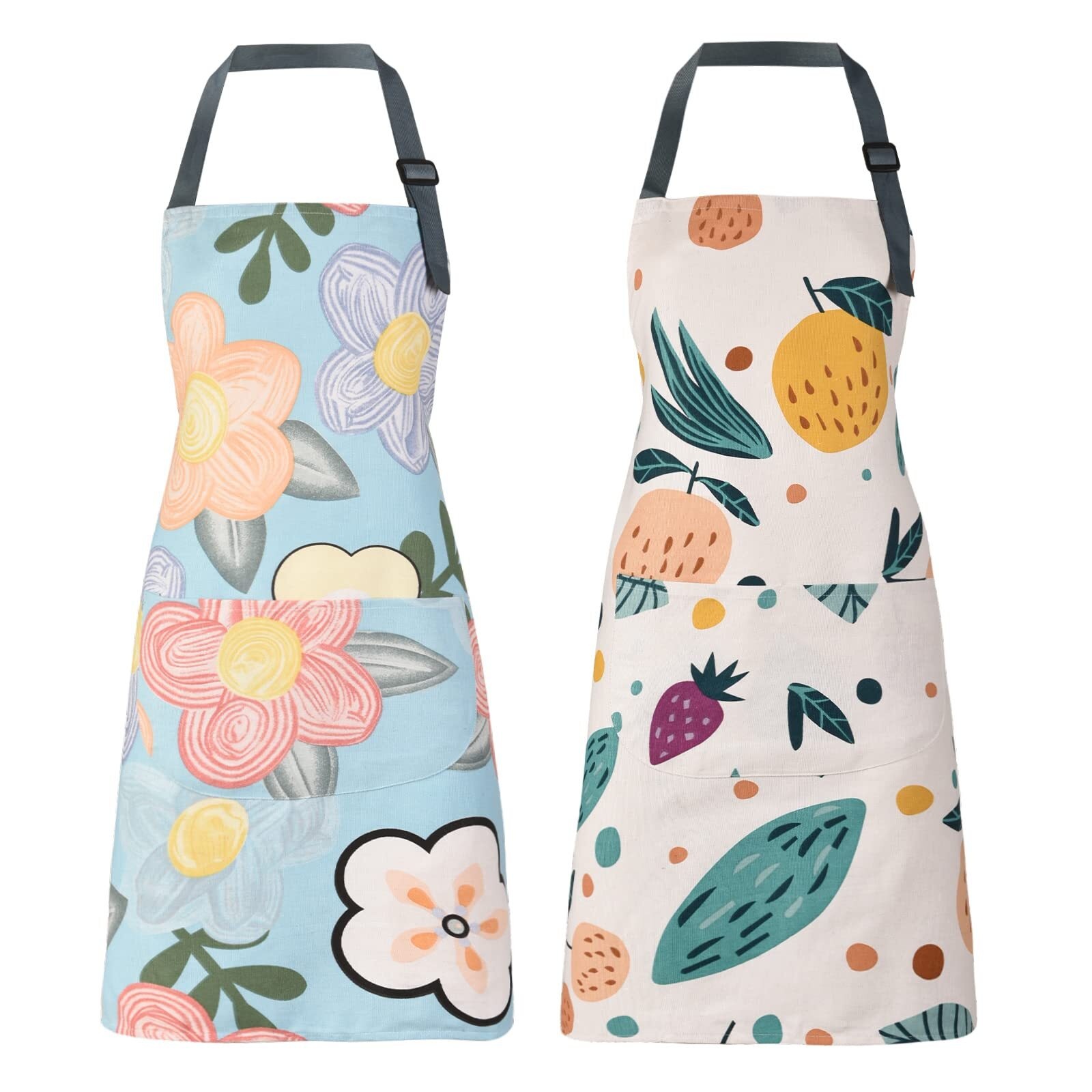 2 Pack Floral Apron For Women With Pockets, Adjustable Cotton Chef ...
