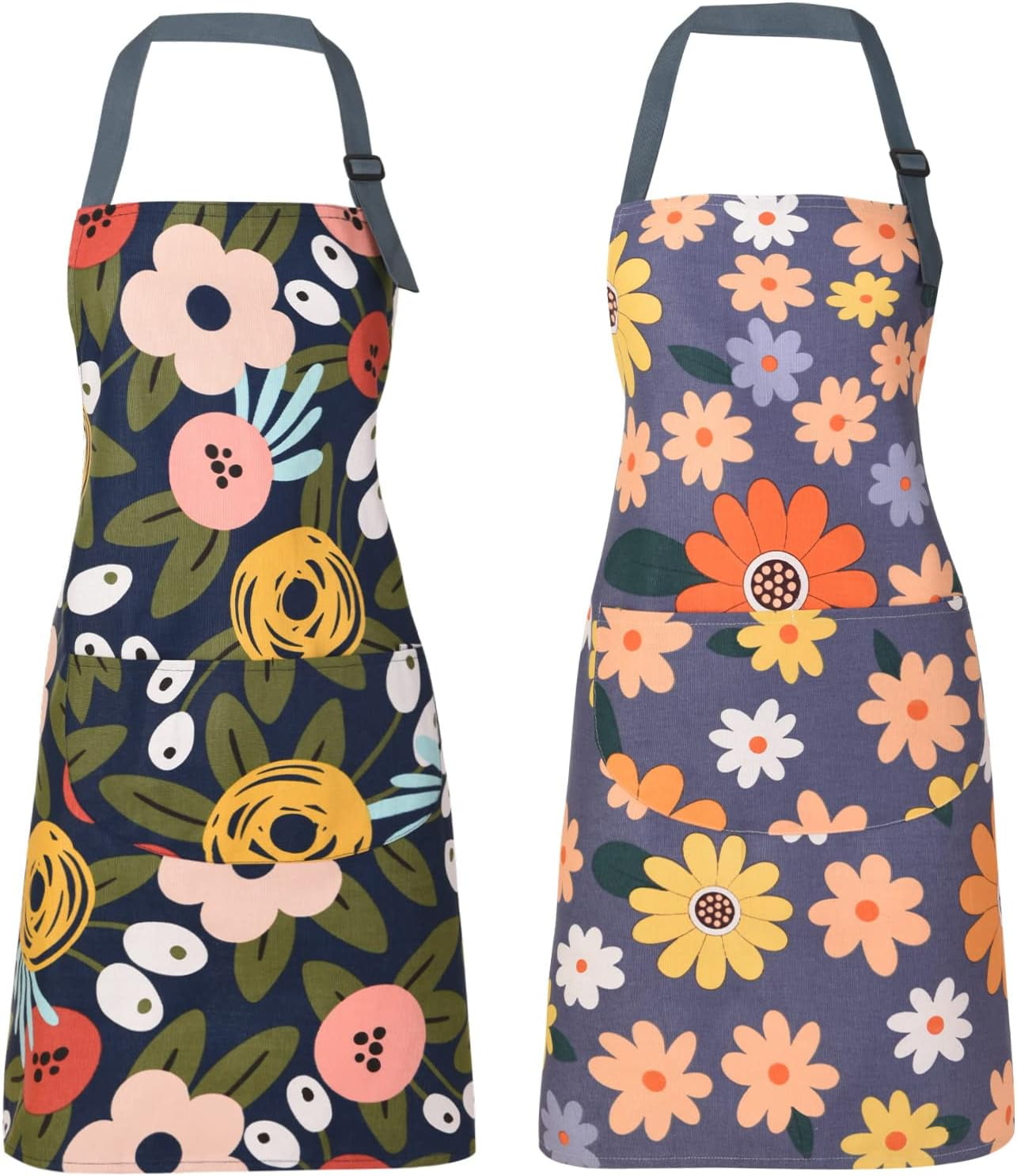 2 Pack Floral Apron for Women with Pockets, Adjustable Cotton Chef ...