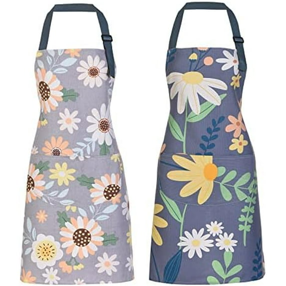 2 Pack Floral Apron for Women with Pockets, Adjustable Cotton Chef ...