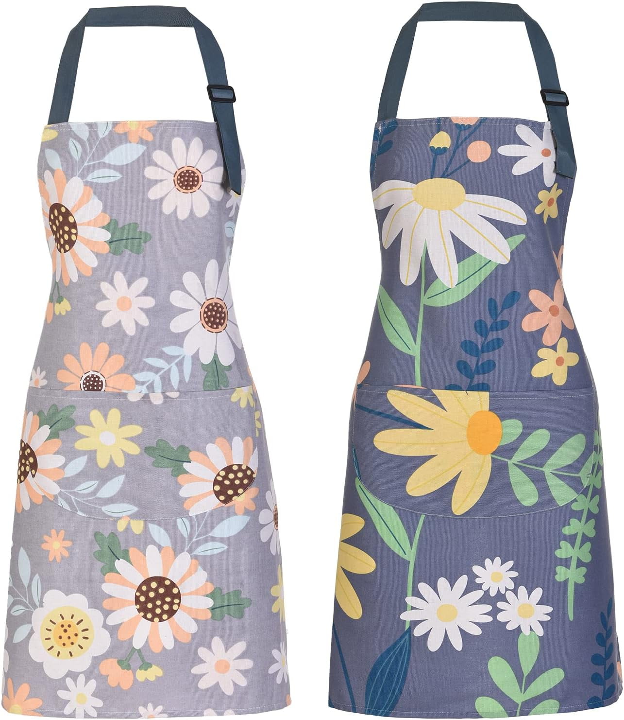 2 Pack Floral Apron for Women with Pockets, Adjustable Cotton Chef ...