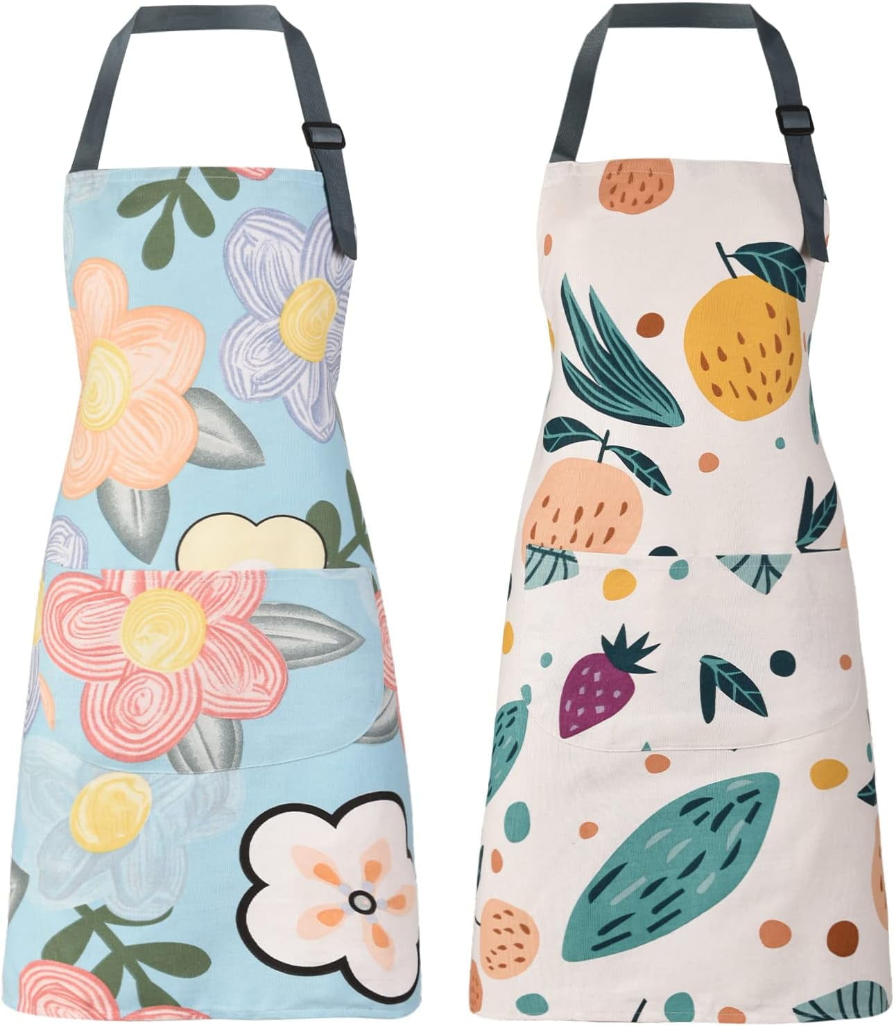 2 Pack Floral Aprons for Women, Adjustable Kitchen Aprons with 1 ...