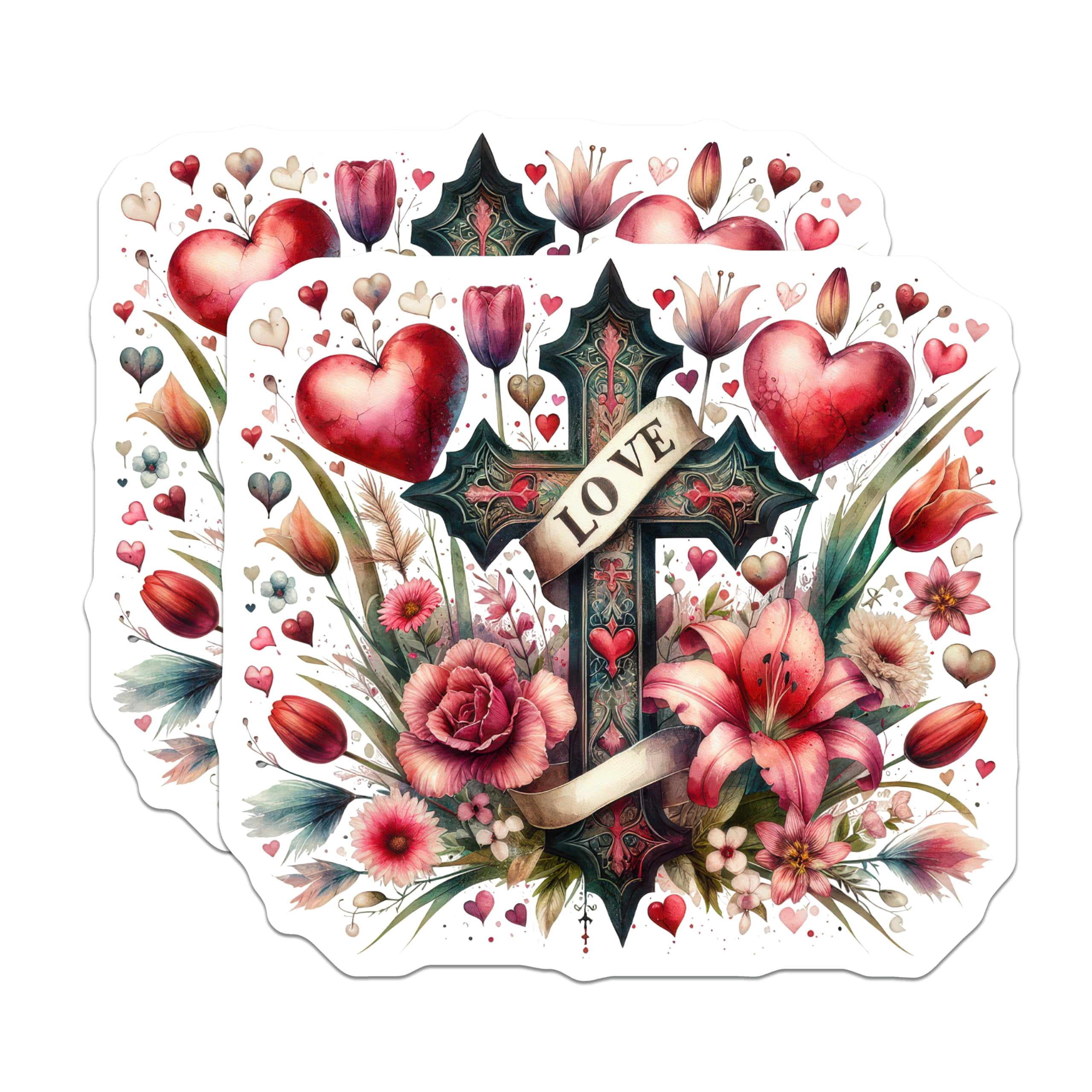 (2 Pack) Floral Cross Stickers - Love Heart Design - Christian Faith ...