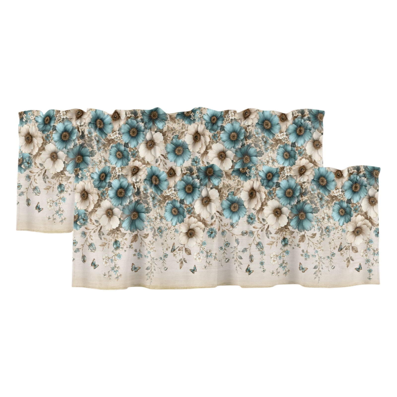 2 Pack Flower Botanical Valance for Window Teal Beige Blue Butterfly ...