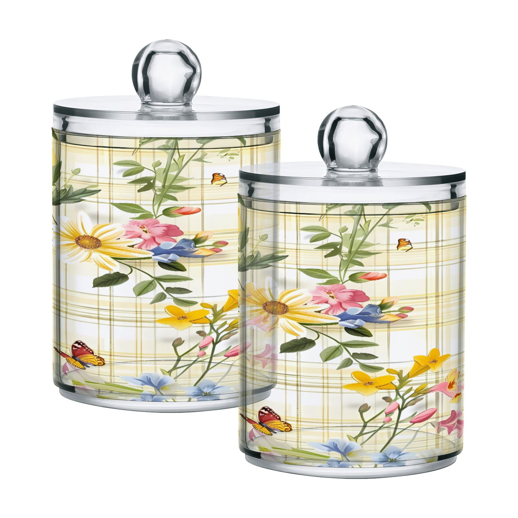2 Pack Flowers and Butterflies on Plaid Qtip Holder Dispenser Clear ...