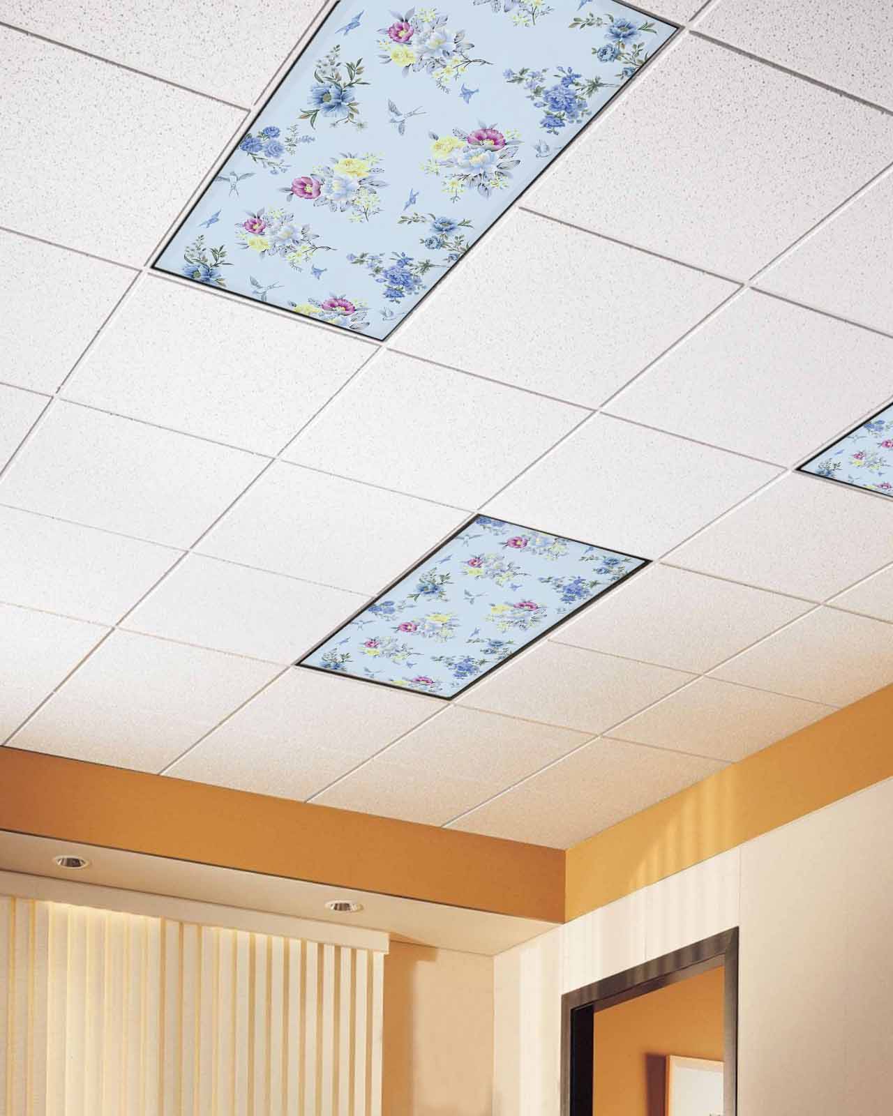 2 Pack Fluorescent Light Covers, 4 x 2 Feet, Spring Flowers Bird Blue ...