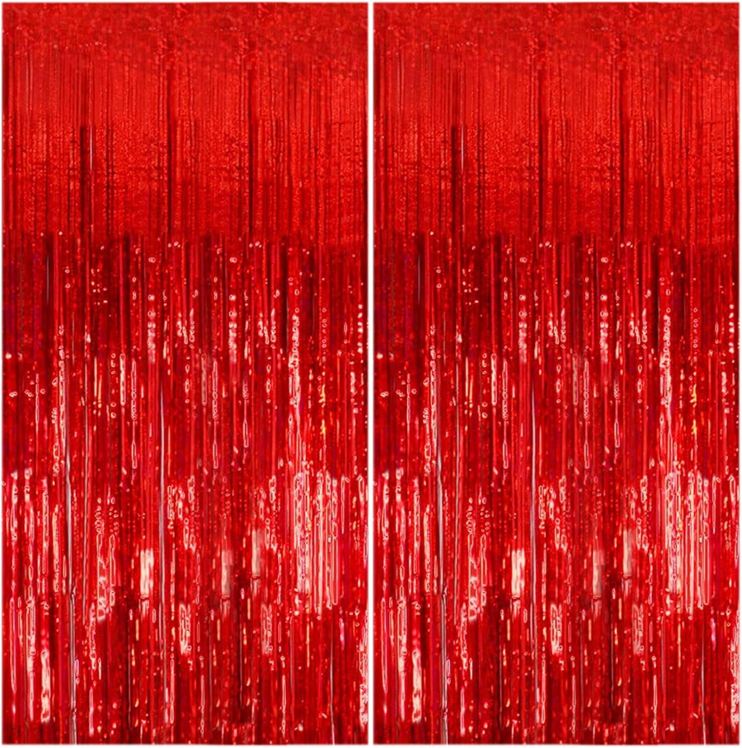 2 Pack Foil Curtain Backdrop Red Metallic Tinsel Foil Fringe Curtains ...