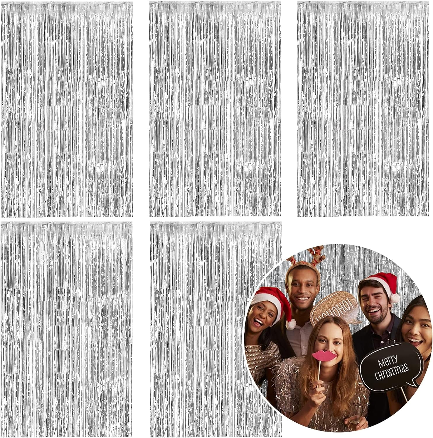 2 Pack Foil Curtain Backdrop Silver Metallic Tinsel Foil Fringe ...