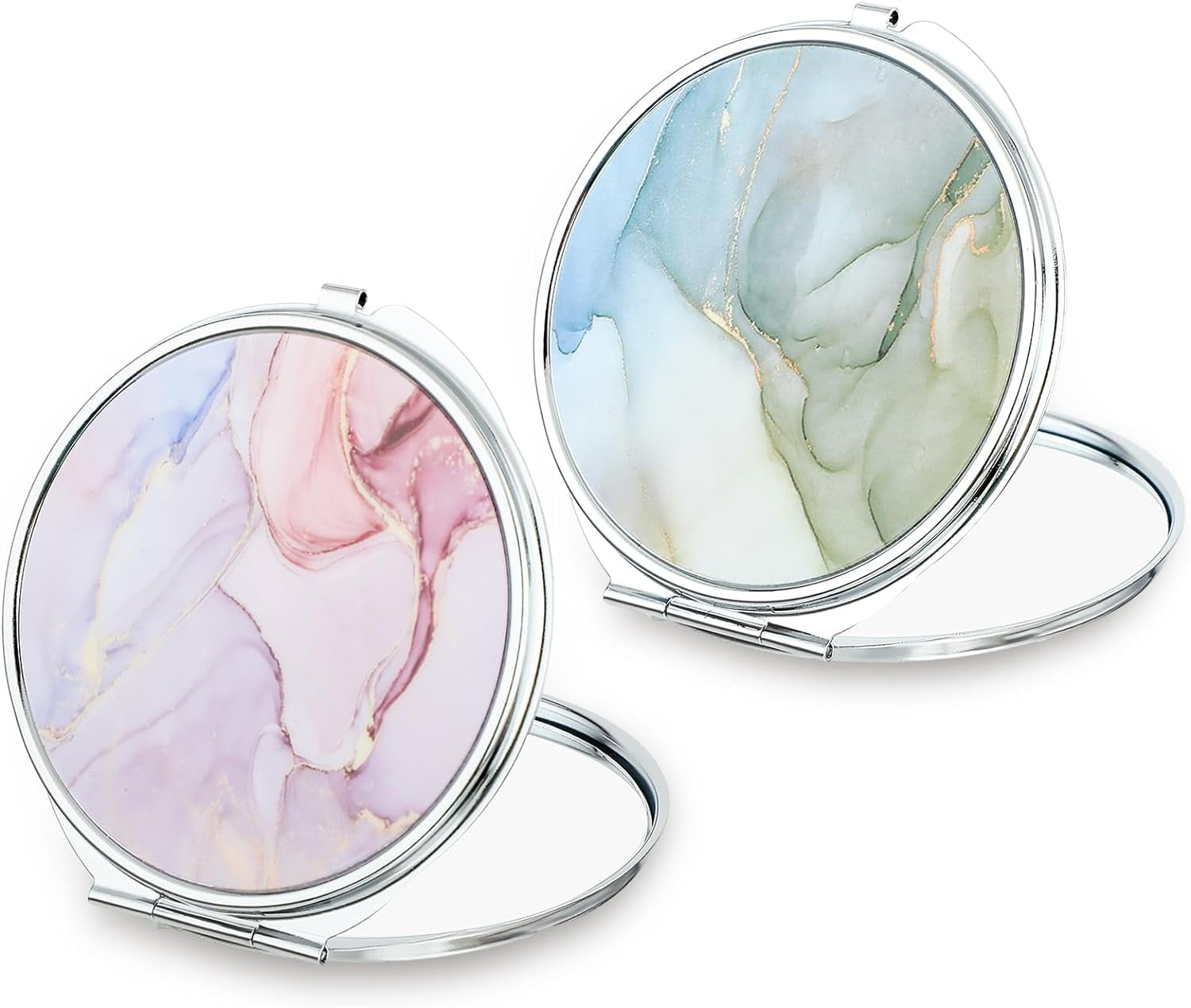 2 Pack Foldable Compact Mirror Round Marbling Cosmetic Mirror Portable Folding Handheld Vanity ...
