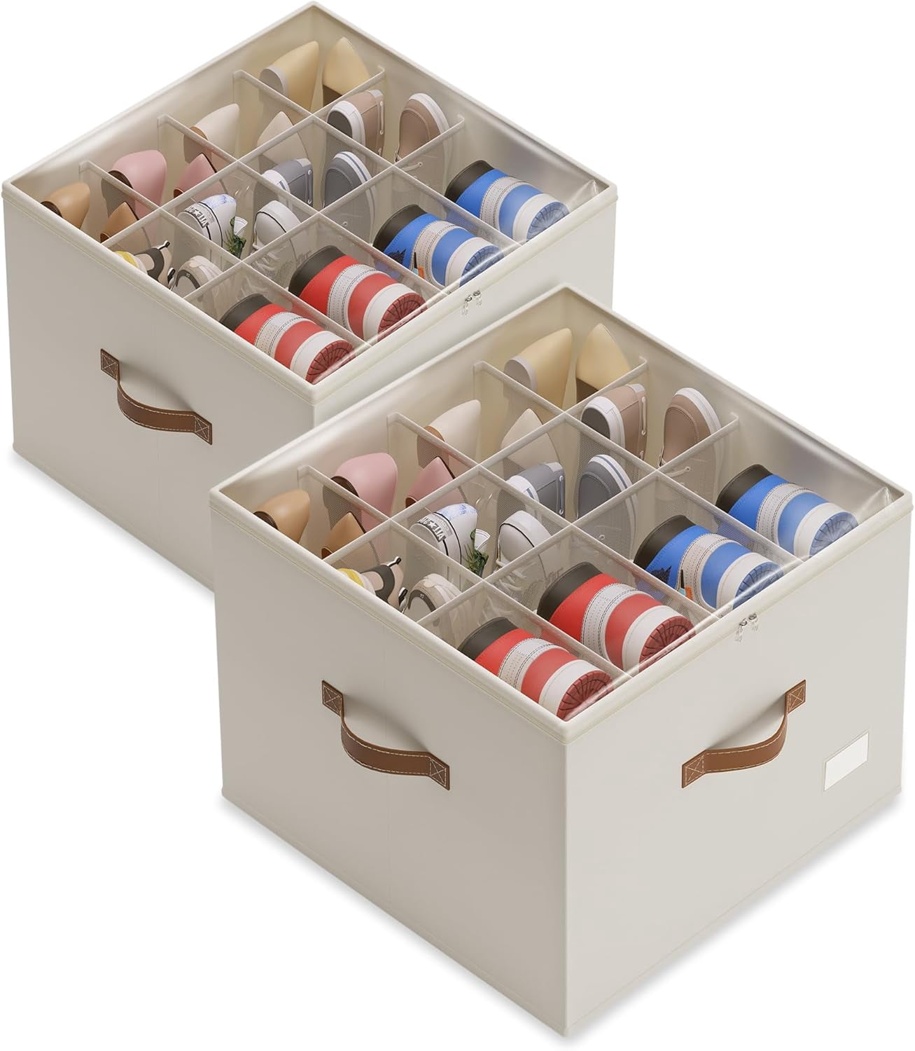 2 Pack Foldable Shoe Organizer Bins with Clear Cover and Sturdy Handles ...