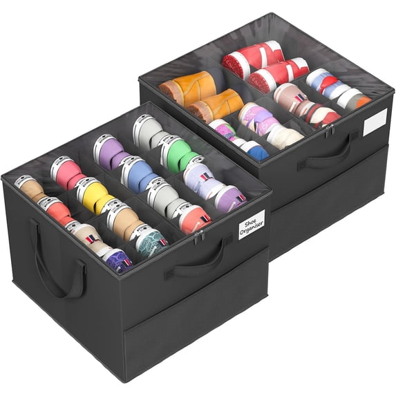 2 Pack Foldable Shoe Organizer Boxes with Adjustable Dividers and Clear ...