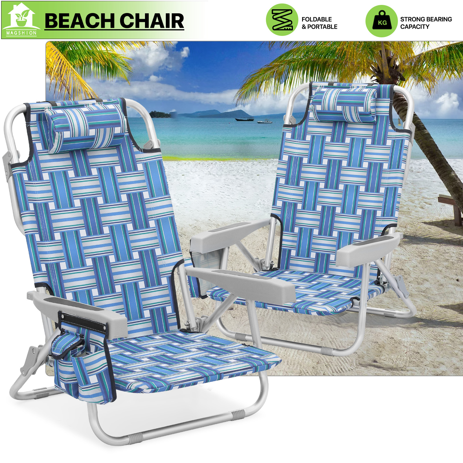 2 Pack Folding Backpack Beach Chair Camping Cot Lounge Chaise w ...