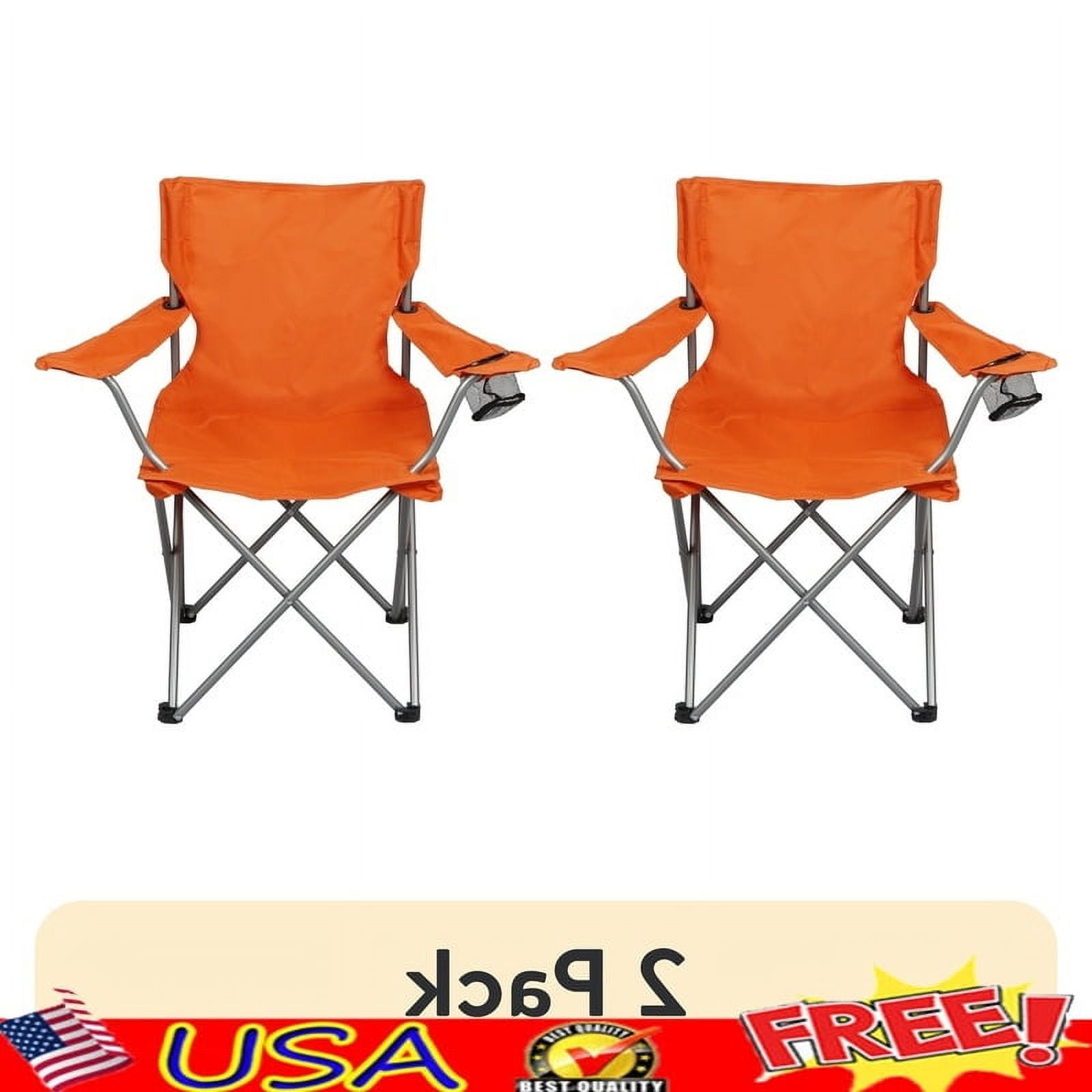 2 Pack Folding Camp Chairs with Cup Holder Portable Quad Frame Durable ...
