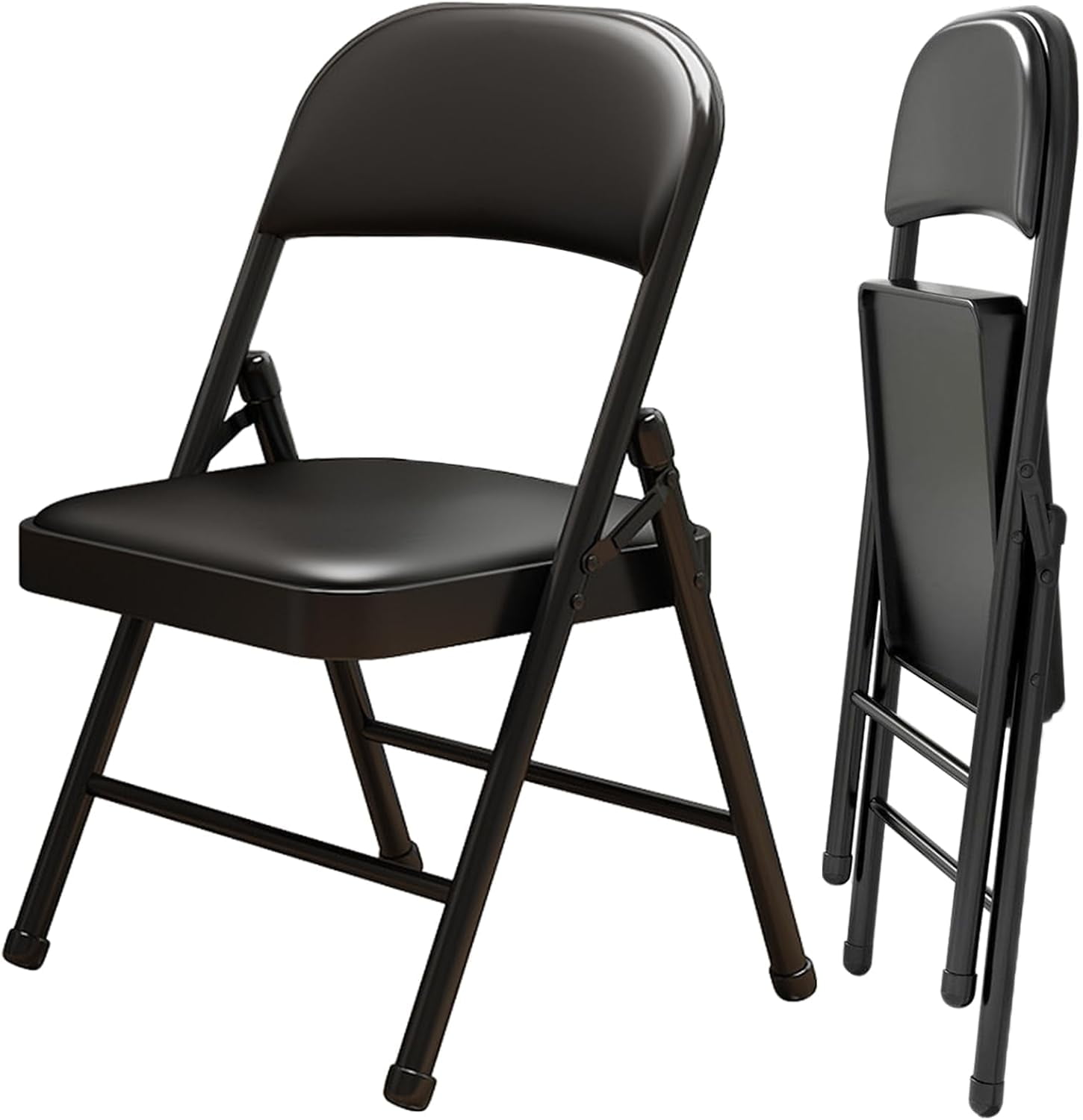 2 Pack Folding Chairs with Leather Padded Cushion and Back, Metal Black ...