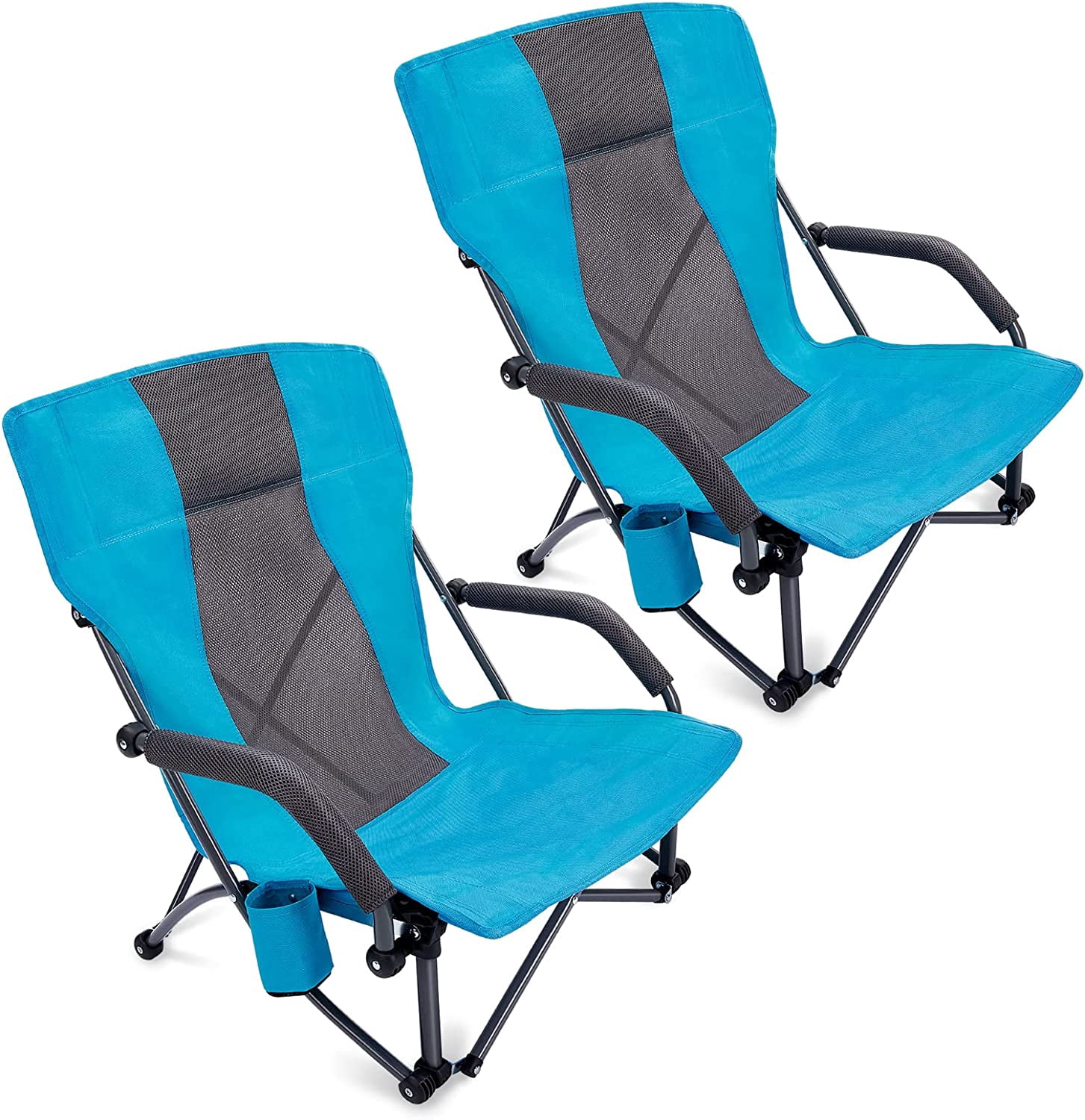 2 Pack Folding Low Sling Portable Beach Chair for Adults with Headrest ...