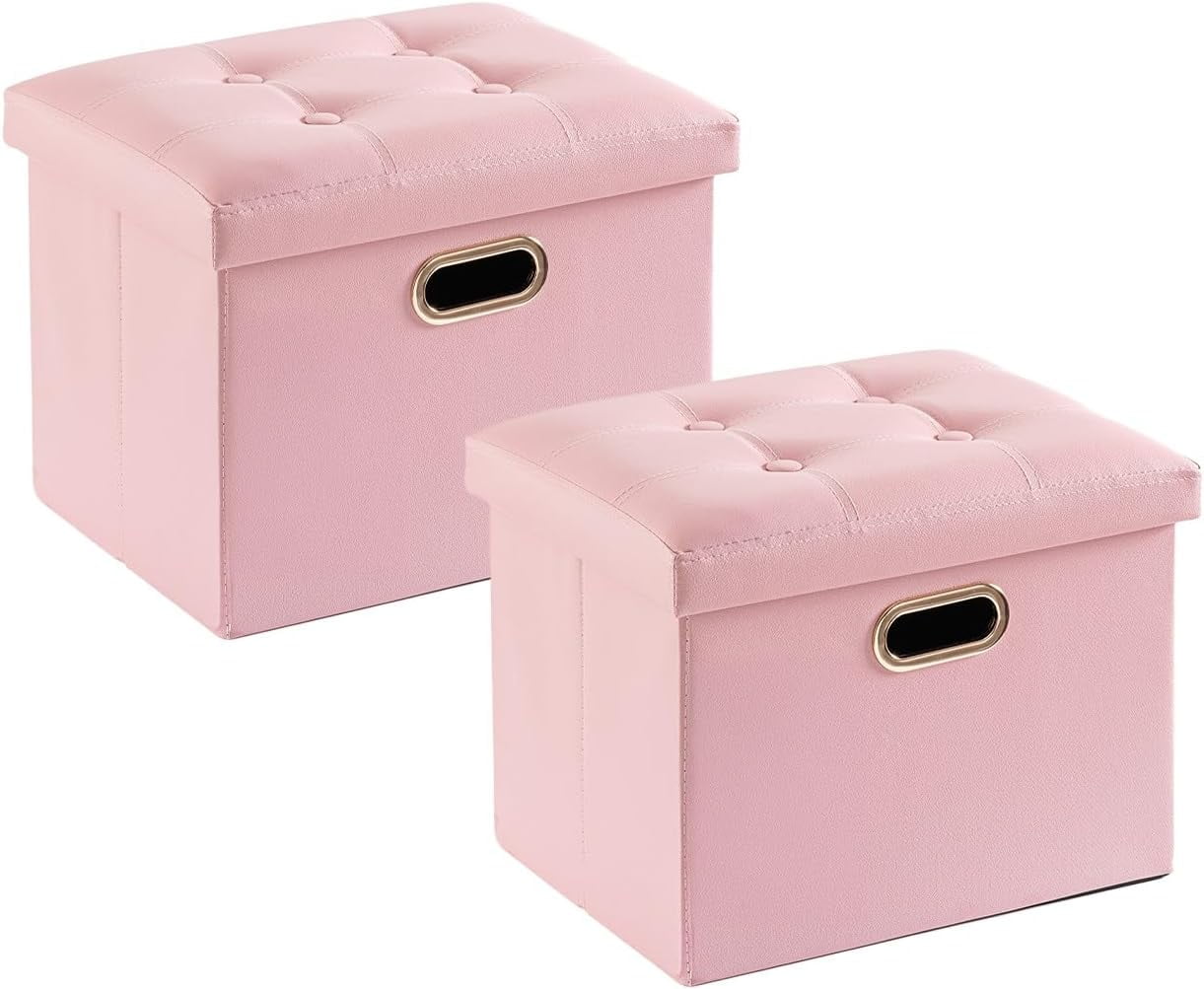 2 Pack Folding Storage Ottoman, 16 inch PU Leather Small Ottoman with ...