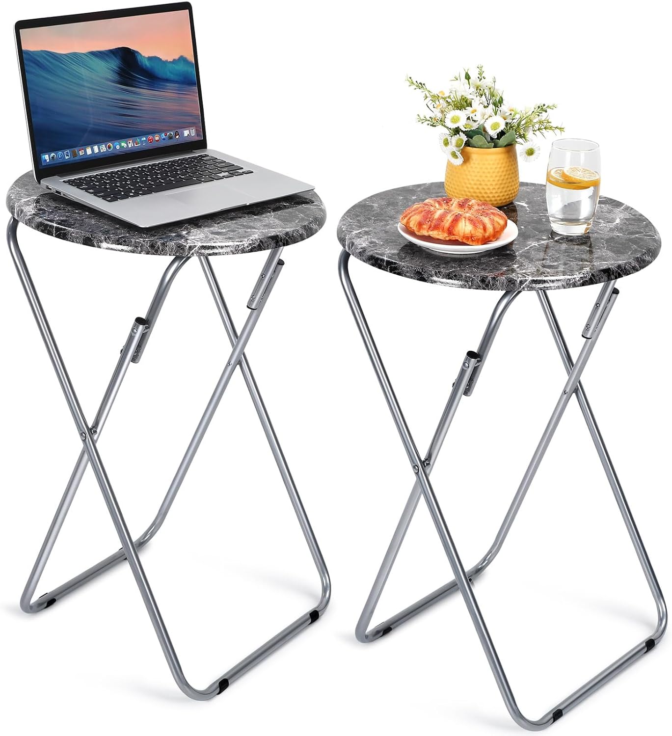 2 Pack Folding TV Tray Table Black Marble Foldable Snack Trays Small ...