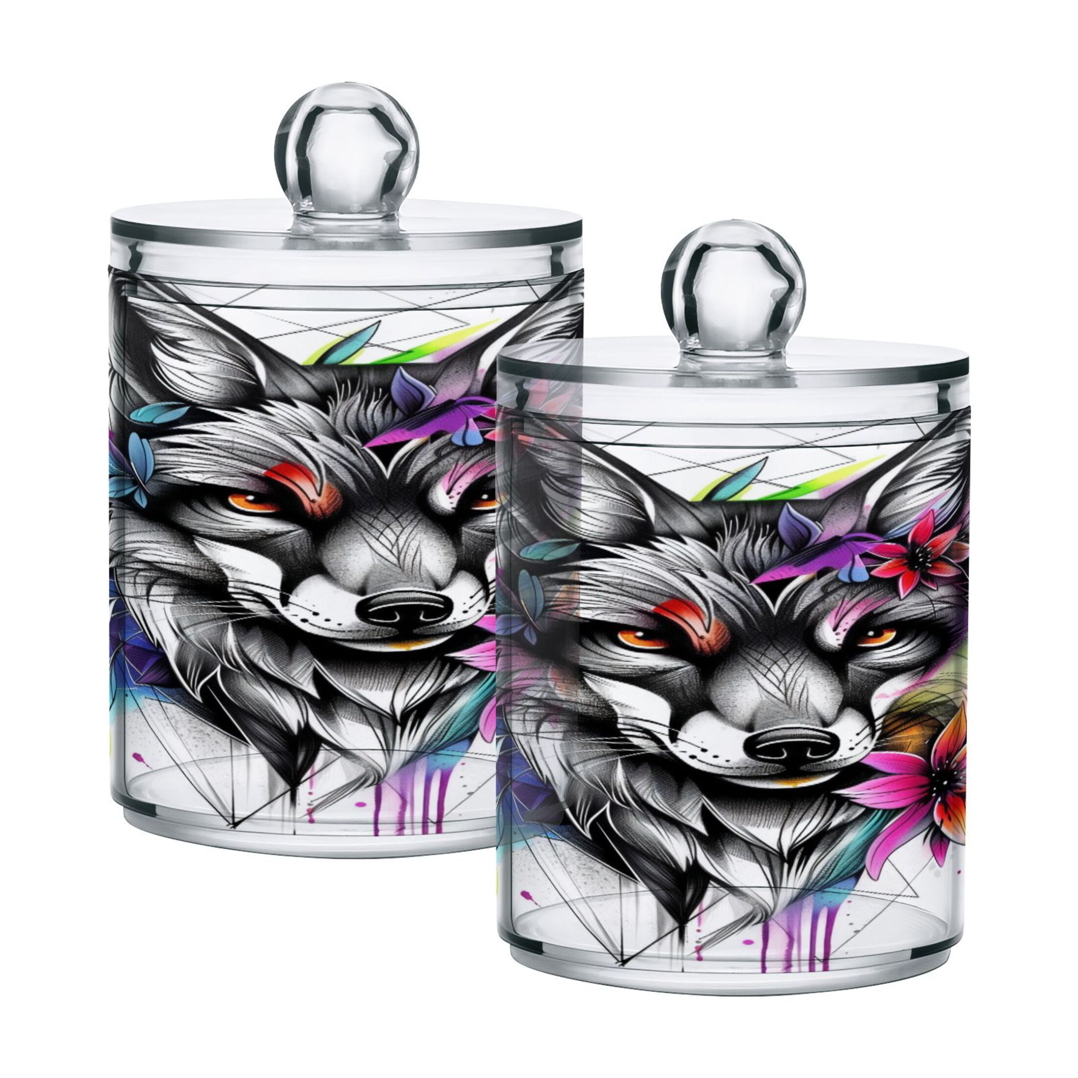 2 Pack Fox Head with Flower Qtip Holder Dispenser Clear Plastic Storage ...