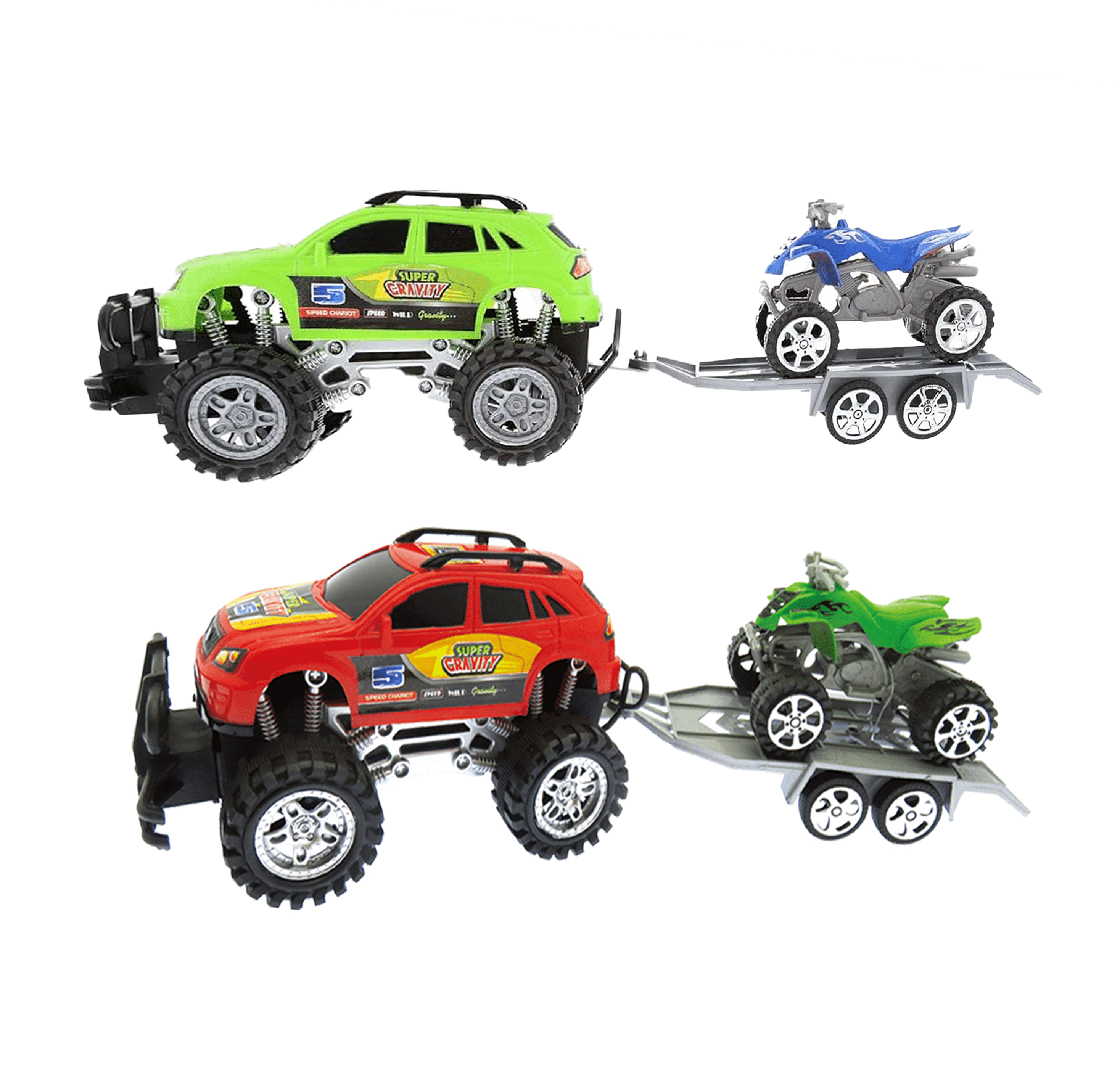 2 Pack Friction Powered Monster Trucks Car Toy SUV Towing ATV Trailer ...