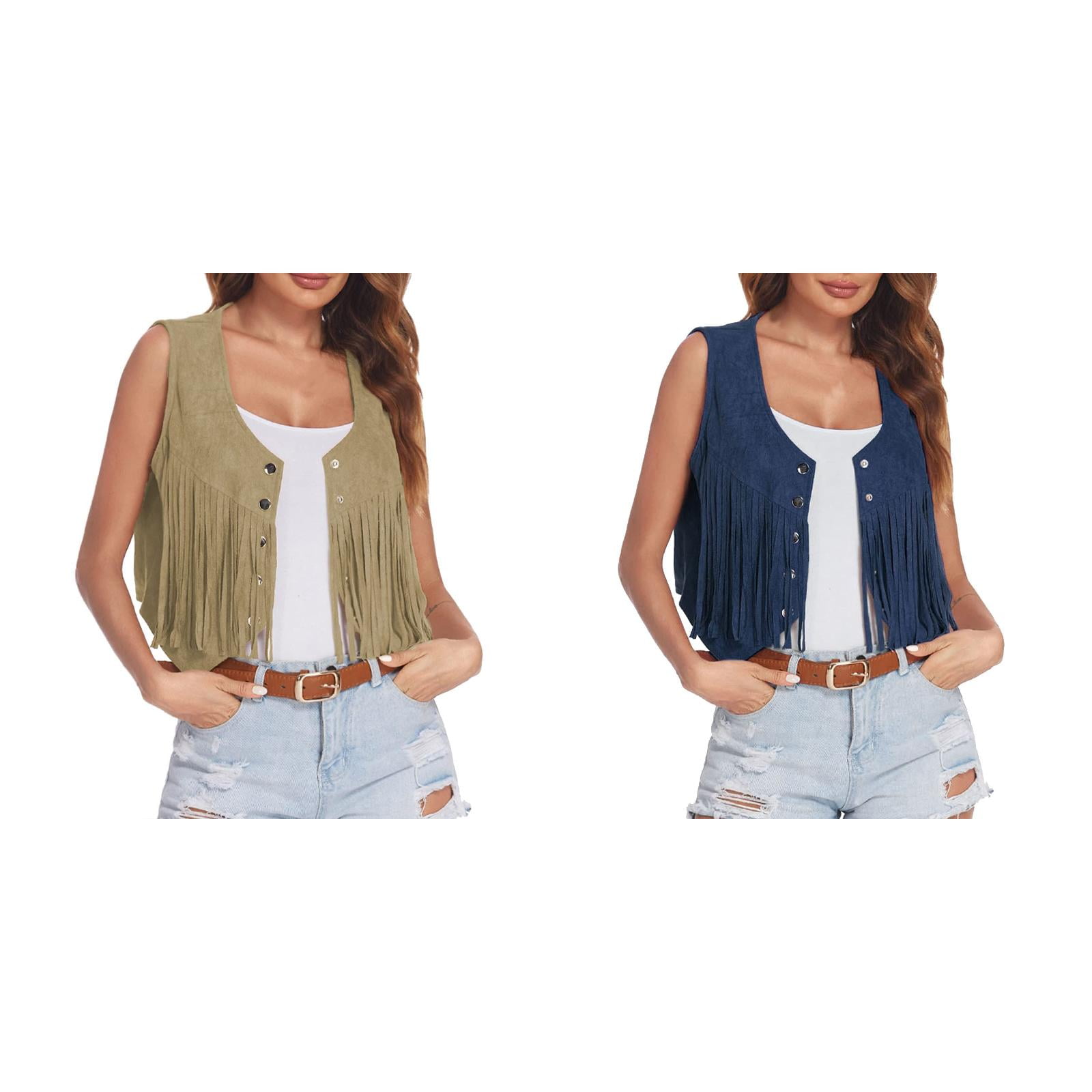 2-Pack,Fringe Vest Women Suede Open-Front Vintage Vest Sleeveless 70s Hippie Clothes Boho ...