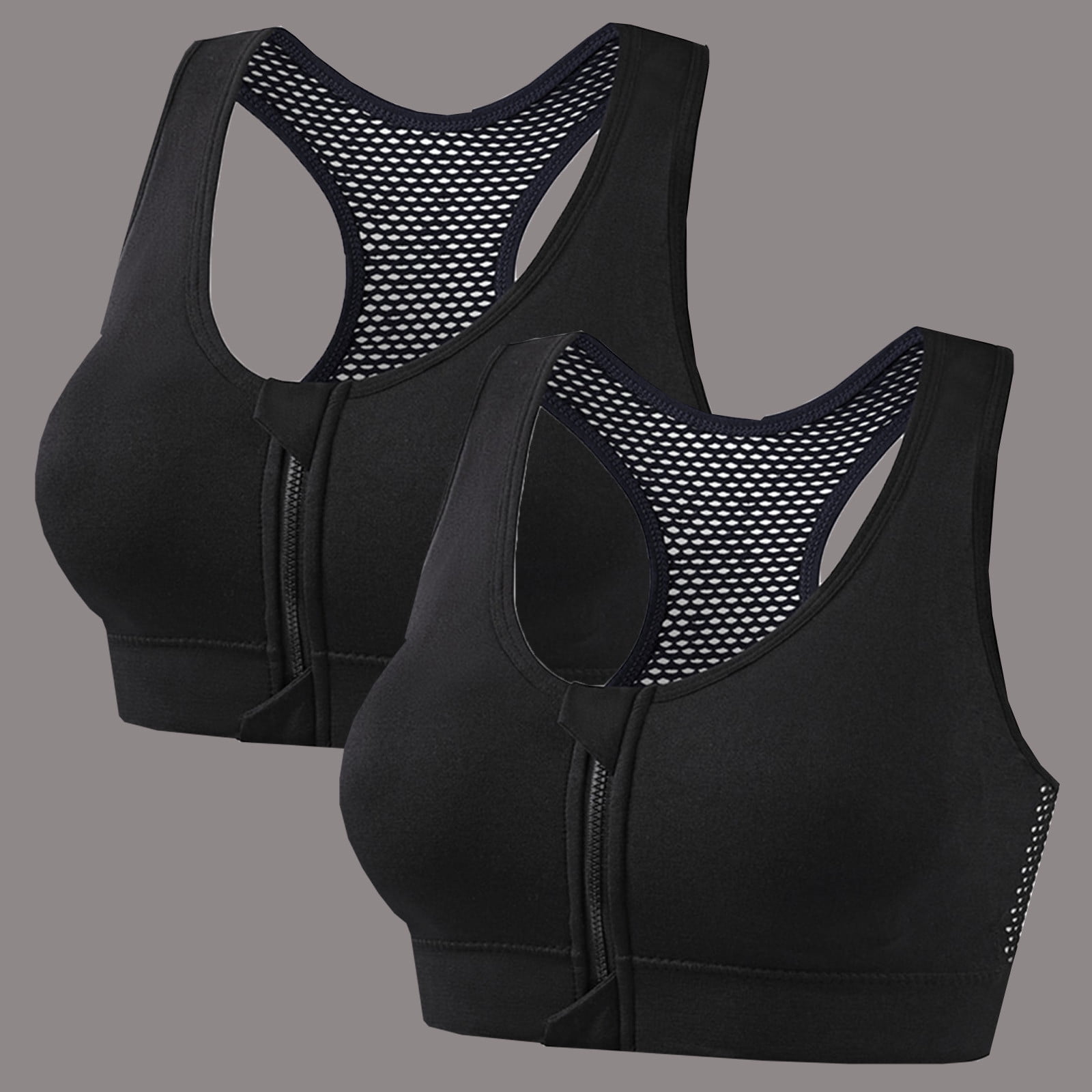 2 Pack Front Zip Mesh Back Sports Bra, Womens Racerback Breathable High ...