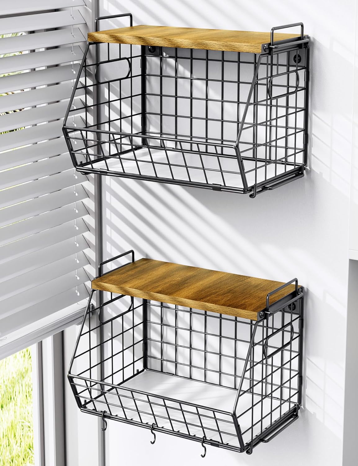 2 Pack Fruit Basket with Wood Lid, Stackable Wire Baskets for Storage ...