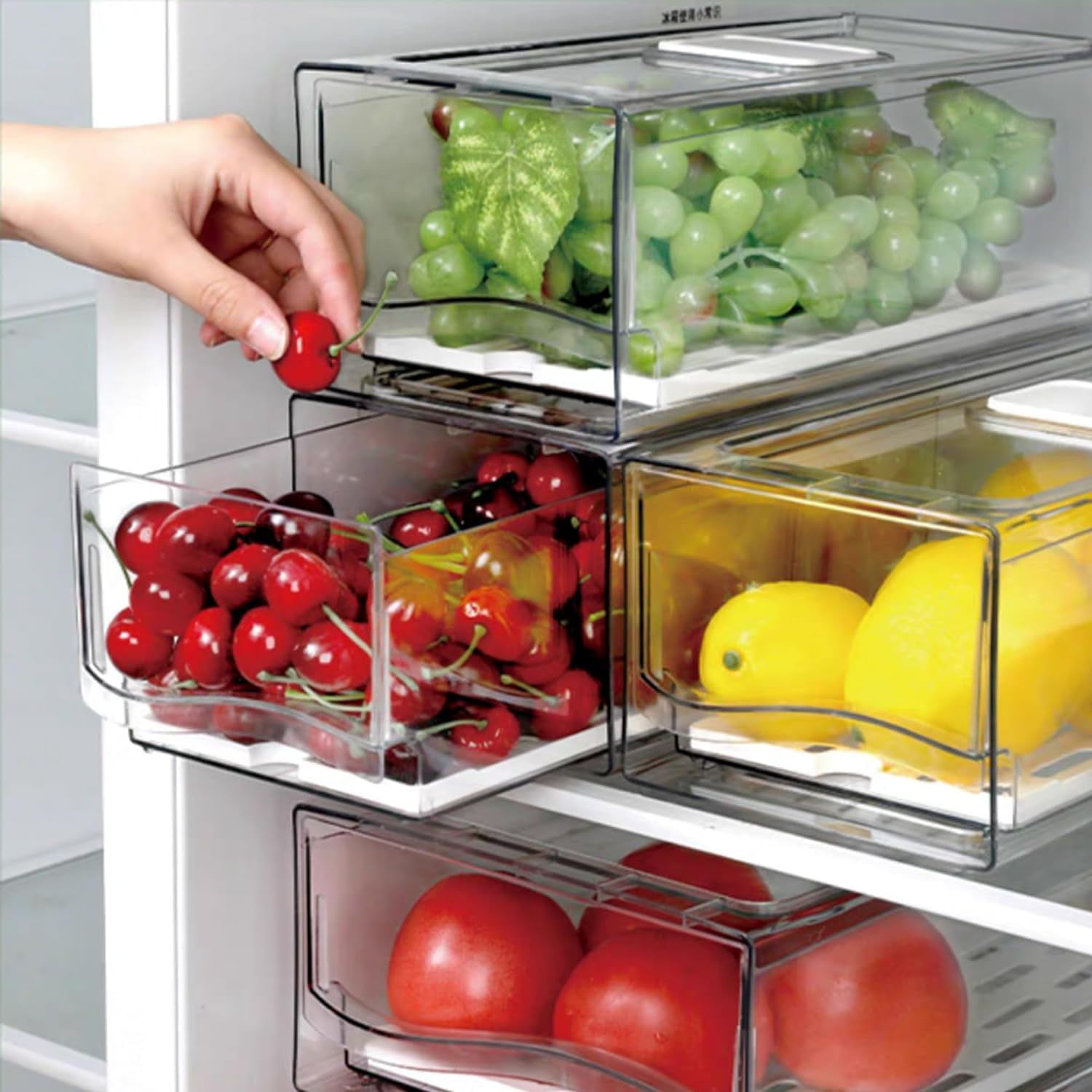 2 Pack Fruit Storage Containers for Fridge with Drain Board, Stackable ...