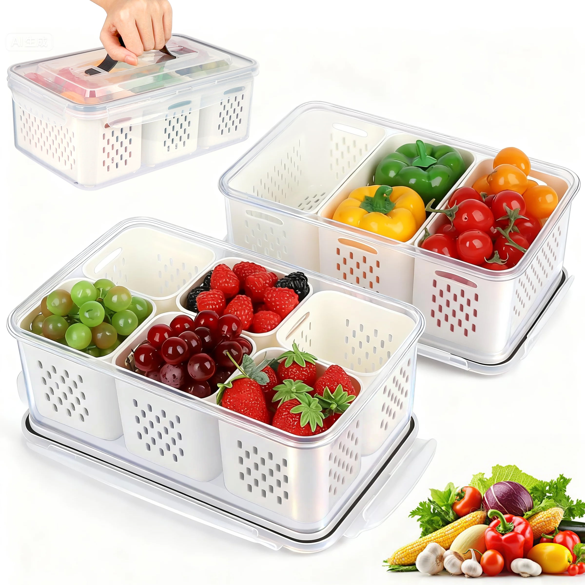 2 Pack Fruit Storage Containers for Fridge, 3 & 6 Compartment Fruit ...