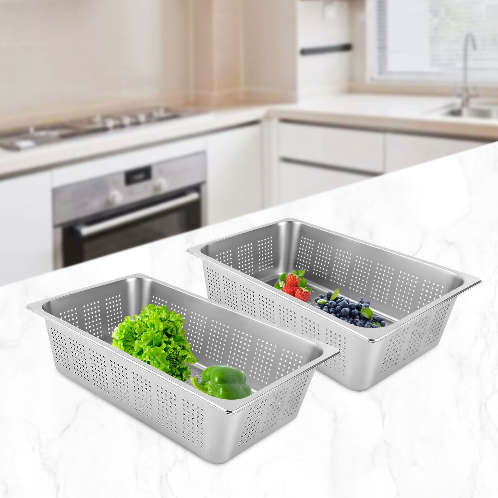 2 Pack Full Size Anti-Jam Perforated Stainless Steel Steam Pan Prep ...