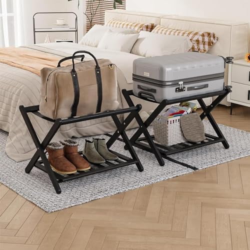2 Pack Fully Assembled Black Bamboo Luggage Racks with Shoe Shelf, 5 ...