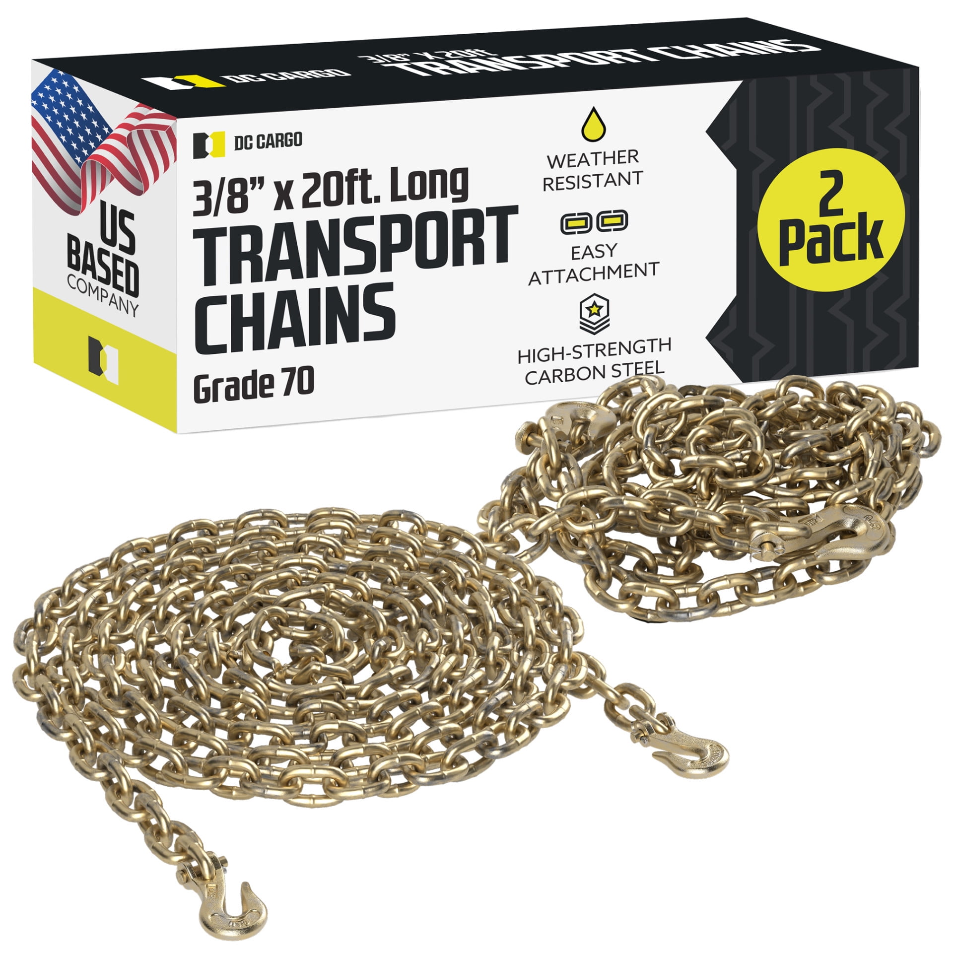 "2-Pack GRADE 70 G70 TRANSPORT CHAIN, ⅜ In X 20 ft | WLL 6,600 lbs.| DC ...