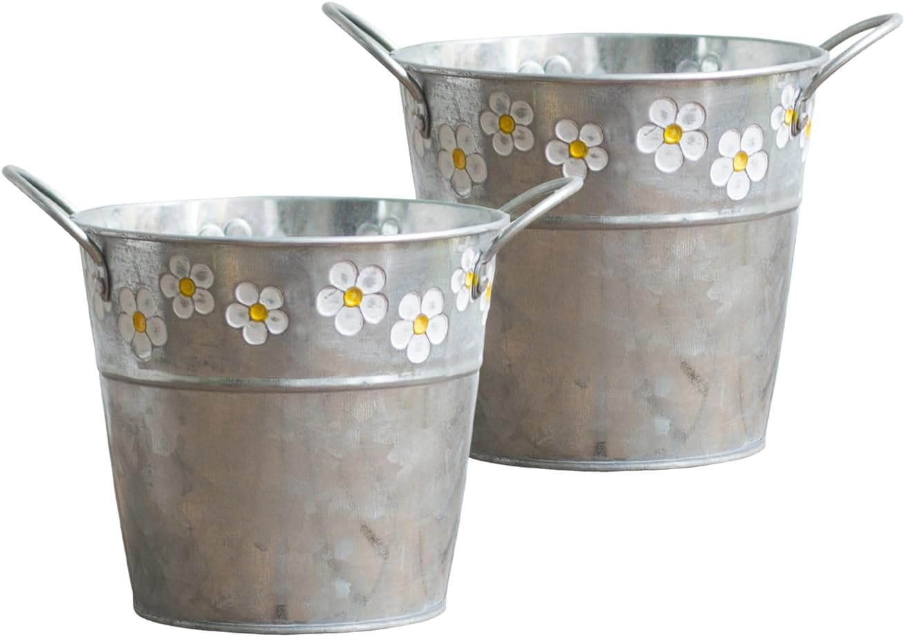 2 Pack Galvanized Bucket, Rustic Farmhouse Metal Flower Vase, Vintage Plant Pot, Decorative Tin ...