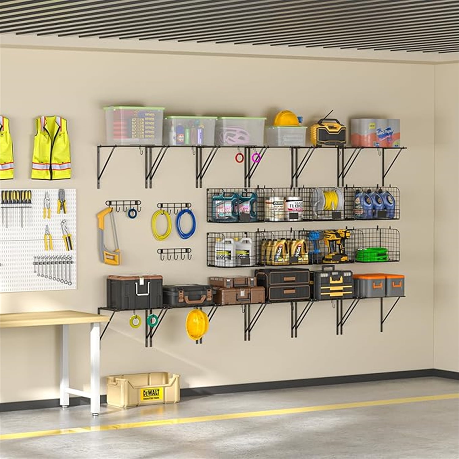 2 Pack Garage Shelves Wall Mounted with Wire baskets, Heavy Duty Garage ...