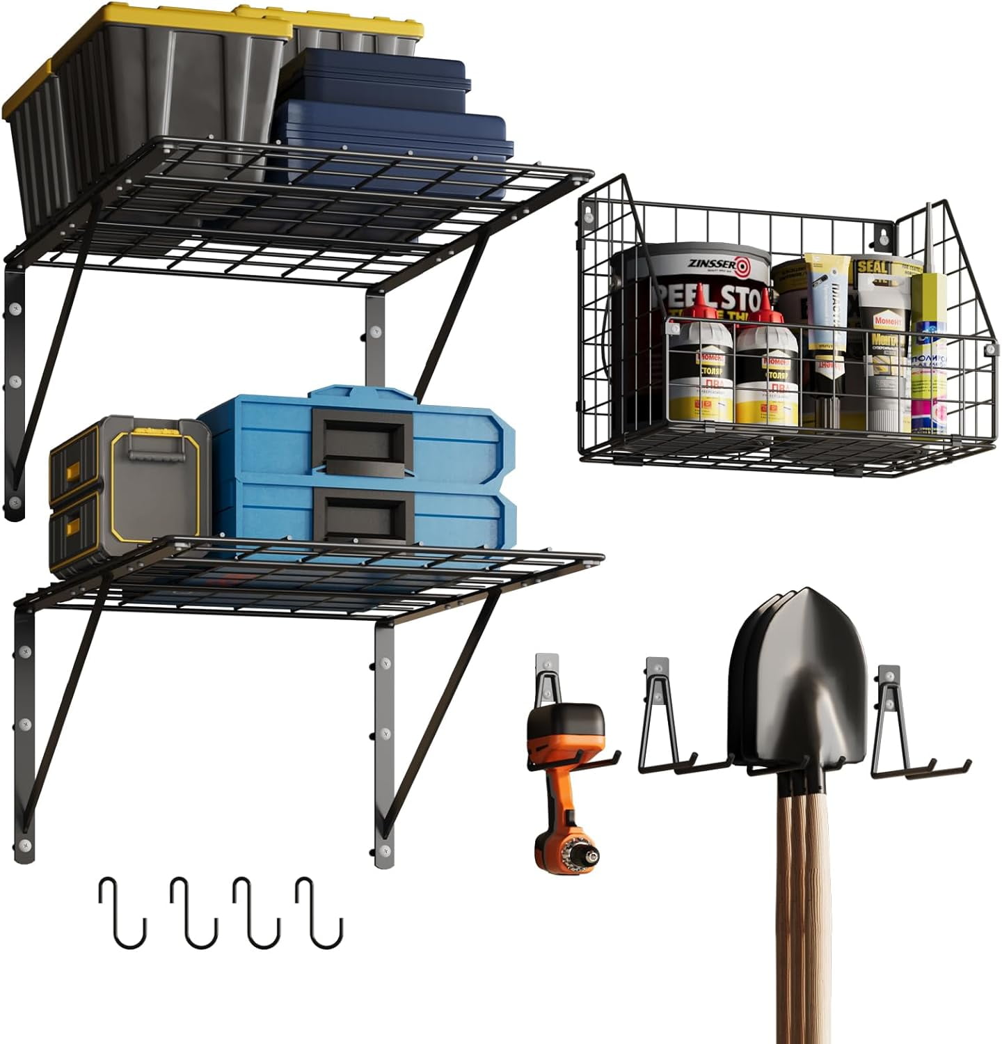 2 Pack Garage Tool Organizer Shelves Wall Mount with Wire basket, Heavy ...