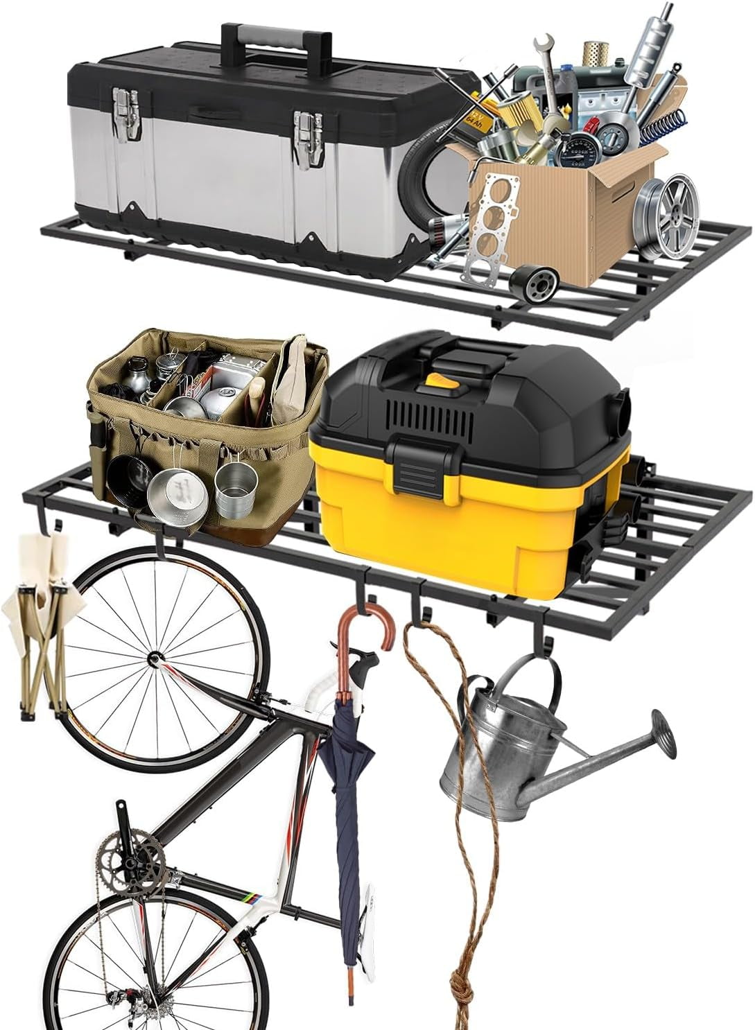 2 Pack Garage Wall Shelving with Hooks, Heavy Duty Wall Mounted ...