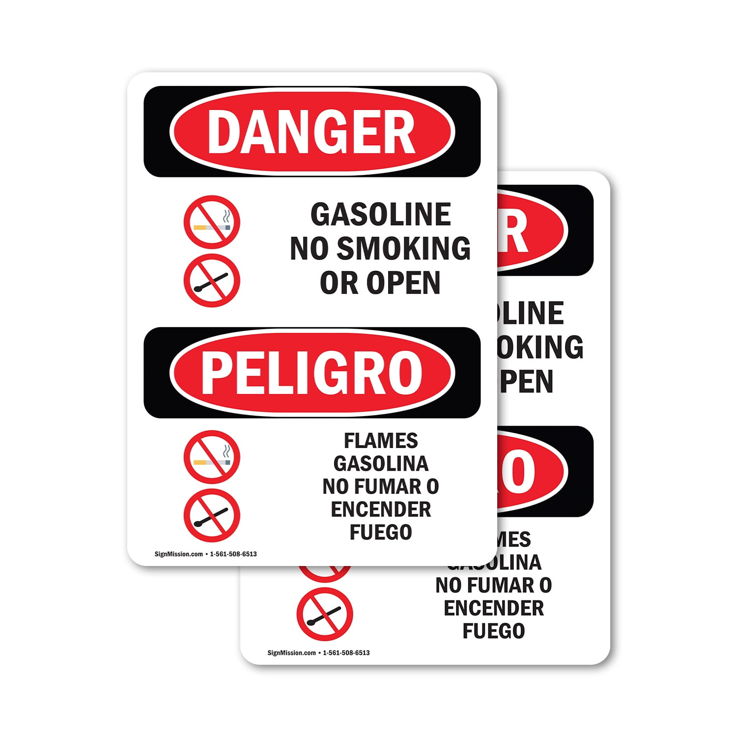 (2 Pack) Gasoline No Smoking Or Open Flames Bilingual OSHA Danger Sign ...