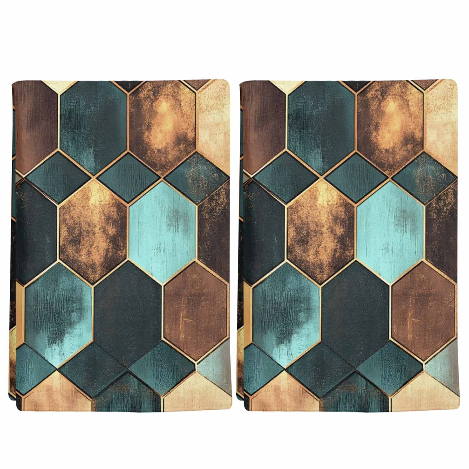 2 Pack Geometric Pattern Kitchen Towels Brown Green Hexagon Collage Art ...
