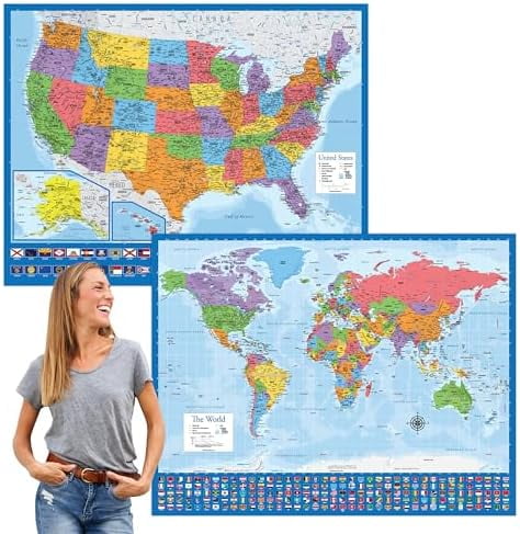 2 Pack - Giant World Map & US Map Poster Set - Extra Large Mega Chart ...