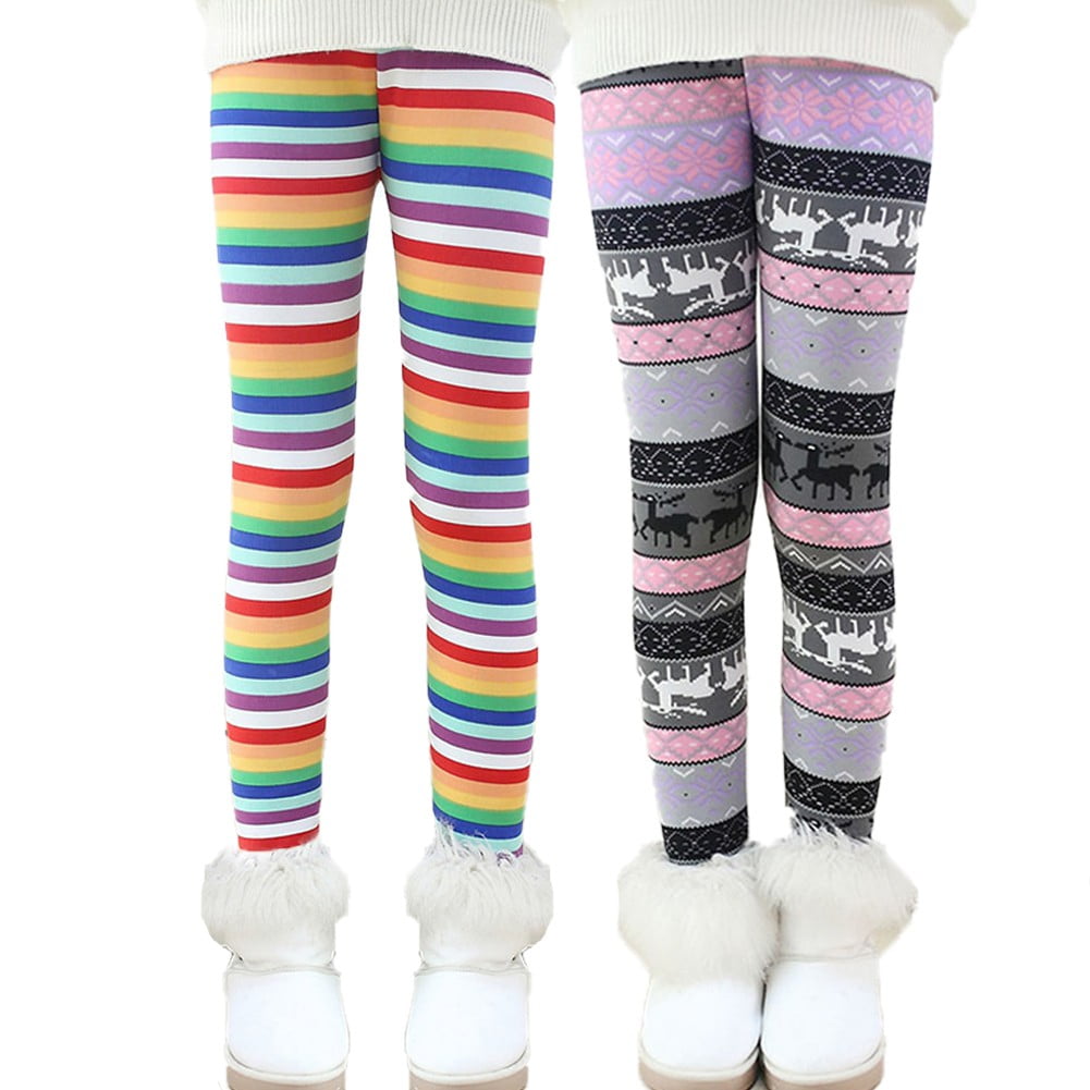 2-Pack Girls Kids Thin Leggings Multi Color Pattern Stretch Tights Slim ...