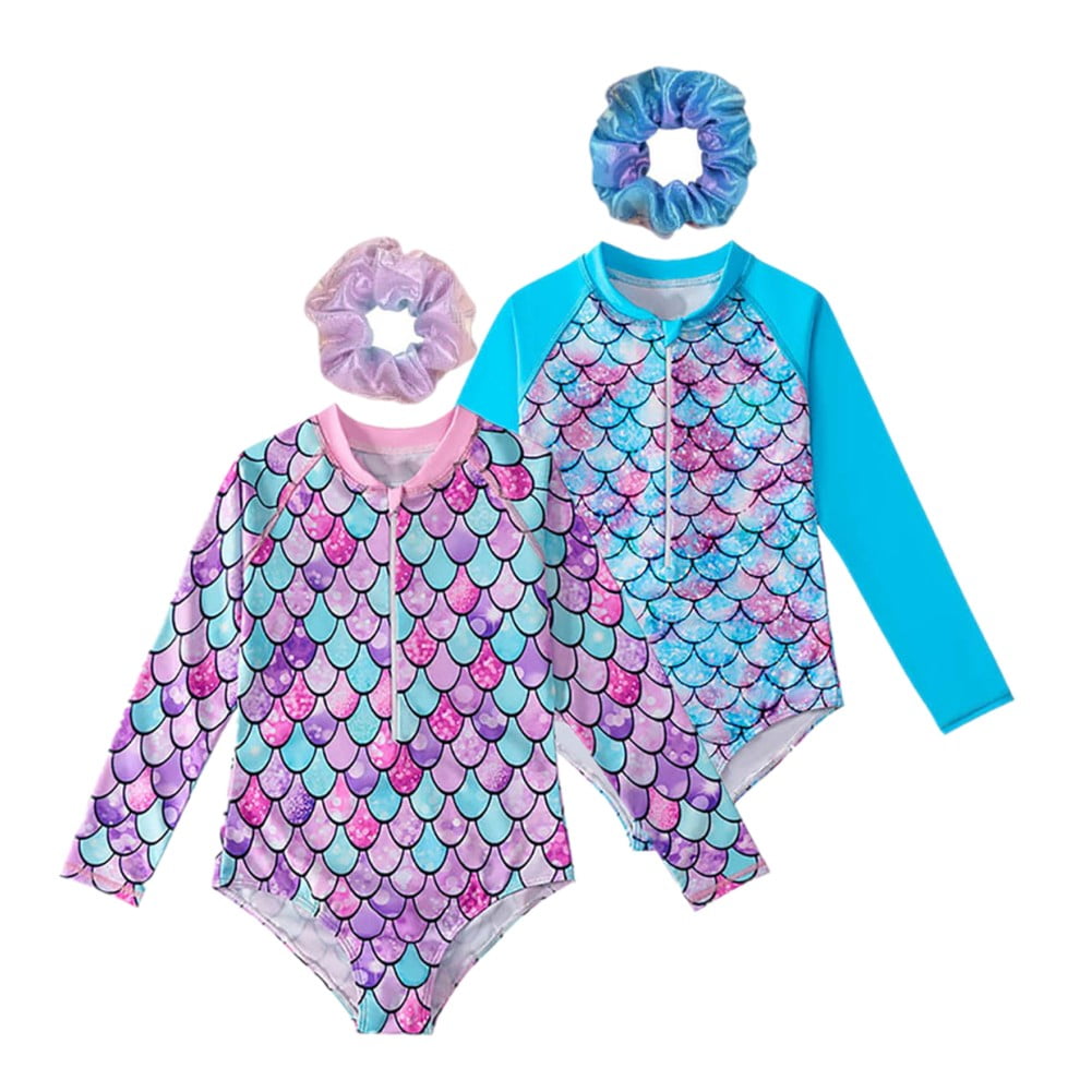 2 Pack Girls Long Sleeve Rash Guards One-Piece Swimsuit with Hairband ...