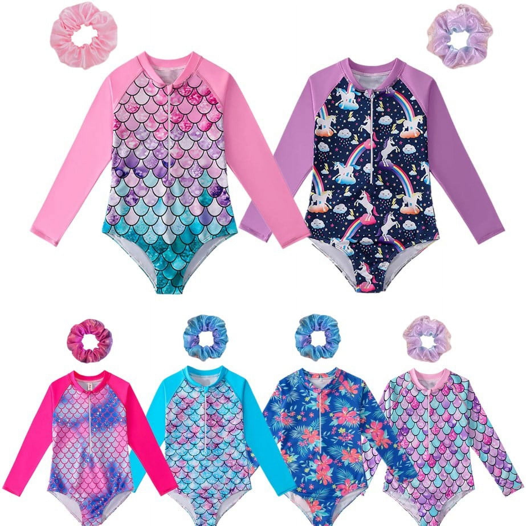 2 Pack Girls Long Sleeve Rash Guards One Piece Swimsuit With Hairband