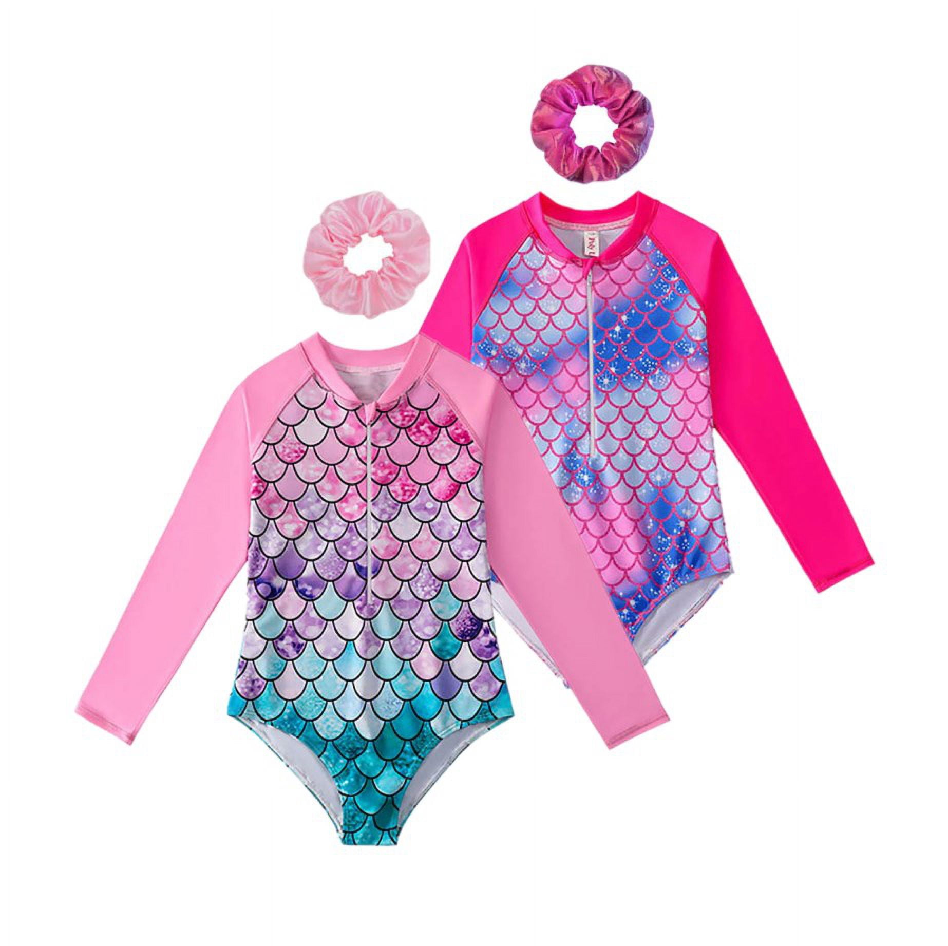 2 Pack Girls Long Sleeve Rash Guards One-Piece Swimsuit with Hairband ...