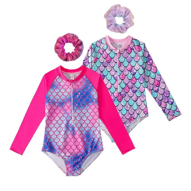 2 Pack Girls Long Sleeve Rash Guards One-Piece Swimsuit with Hairband ...