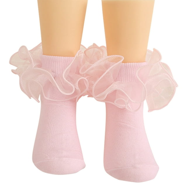 2 Pack Girls Ruffle Socks Double Lace Frilly Dress Socks Kids Turn Cuff ...