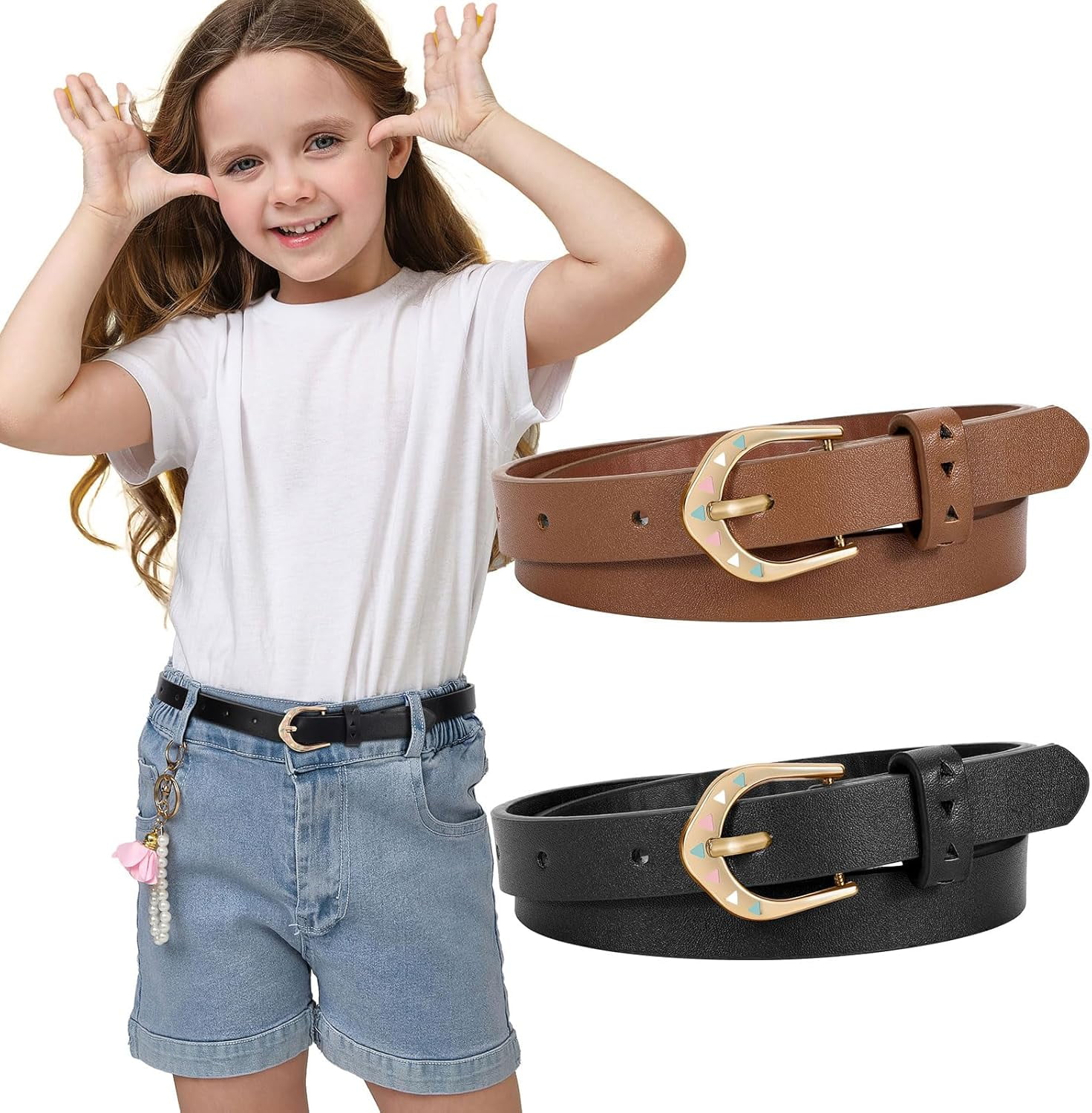 2 Pack Girls Skinny Leather Belts – Cute Alloy Pin Buckle, Adjustable ...