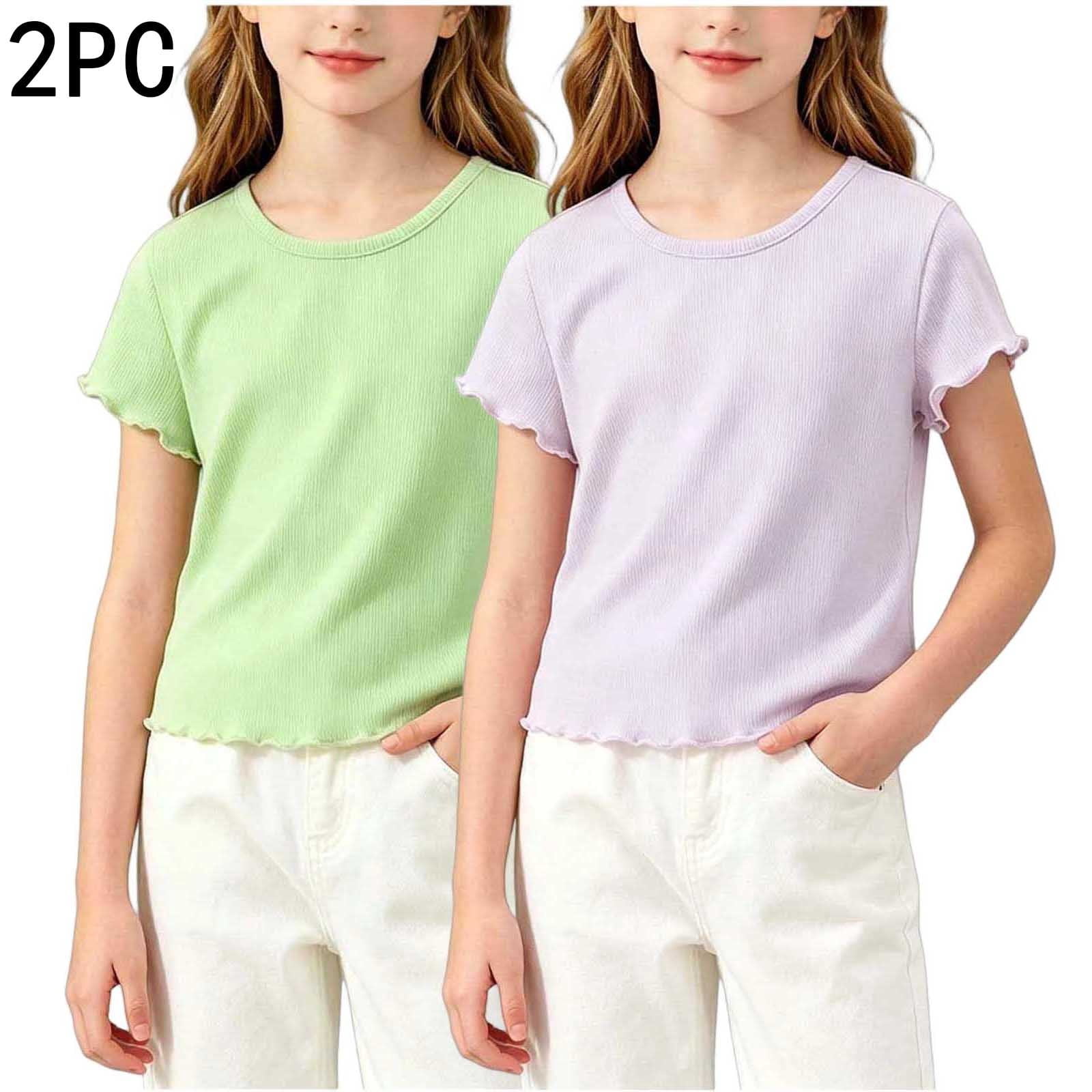 2 Pack Girls T-Shirt, Ruffle Short Sleeve Tops, Loose Casual Solid ...