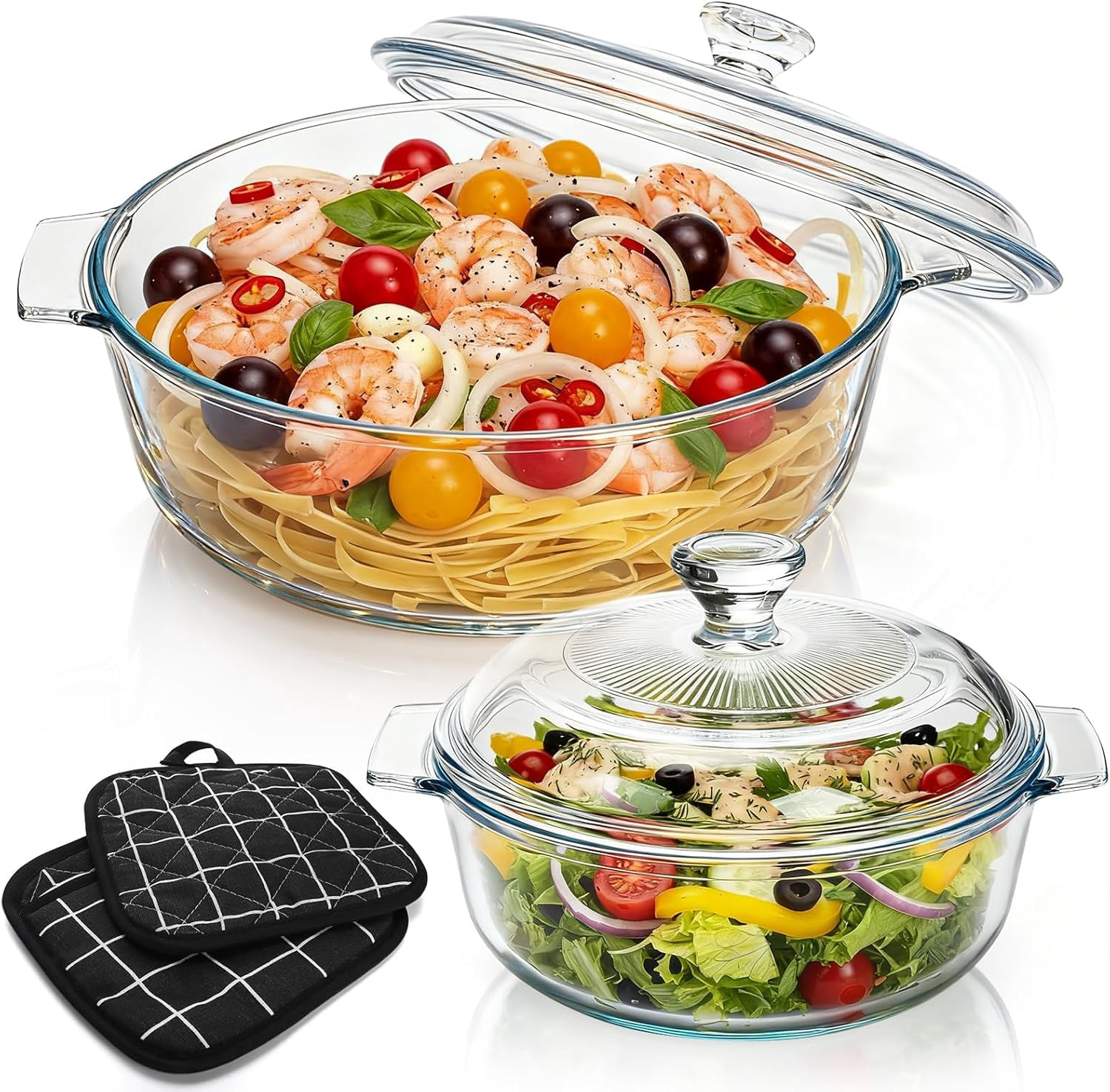 2 Pack Glass Casserole Dish with Lid, 1.8Qt and 0.8Qt Round Clear ...