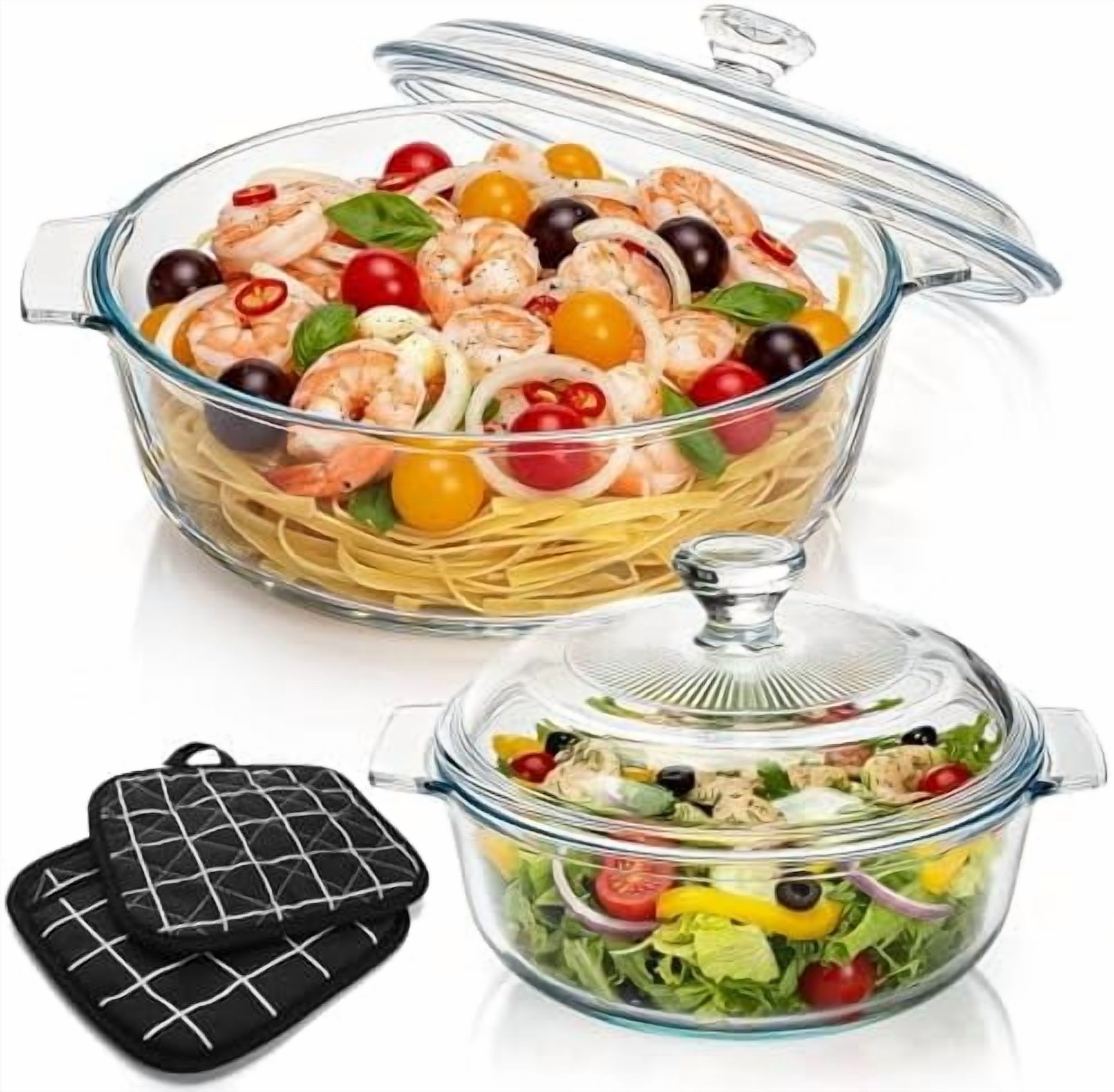 2 Pack Glass Casserole Dish with Lid, 1.8Qt and 0.8Qt Round Clear ...